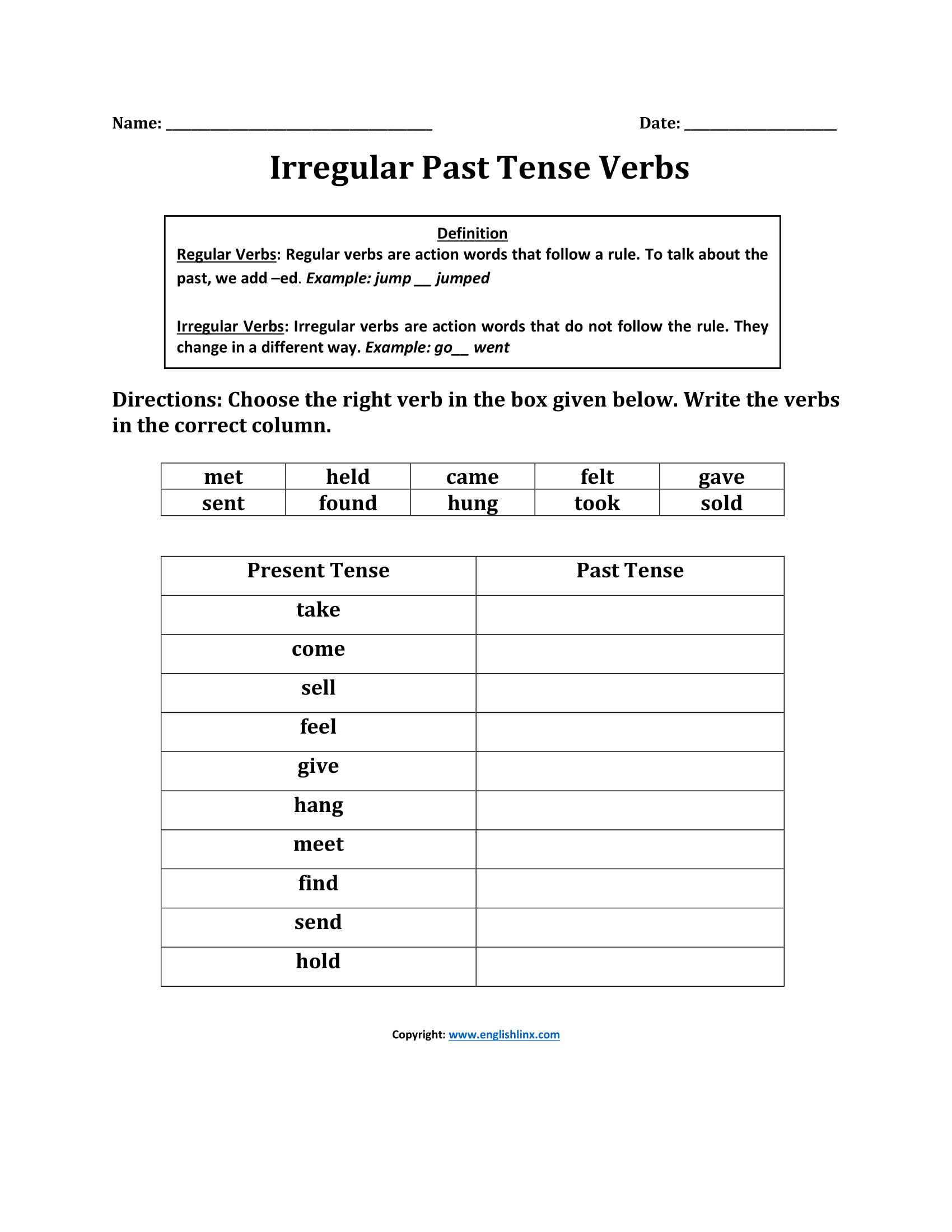 Simple Past Tense Worksheets Irregular Past Tense Verbs