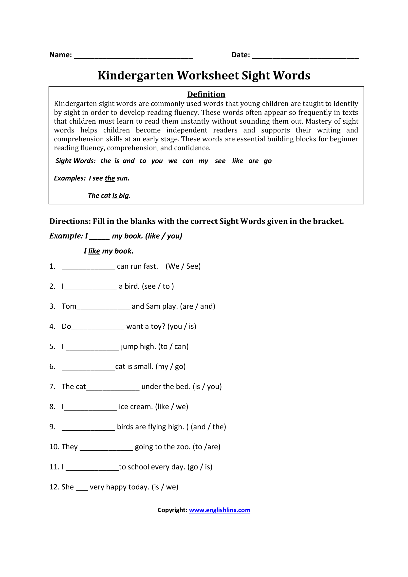 Sight Words Worksheets | Kindergarten Worksheets Sight Words
