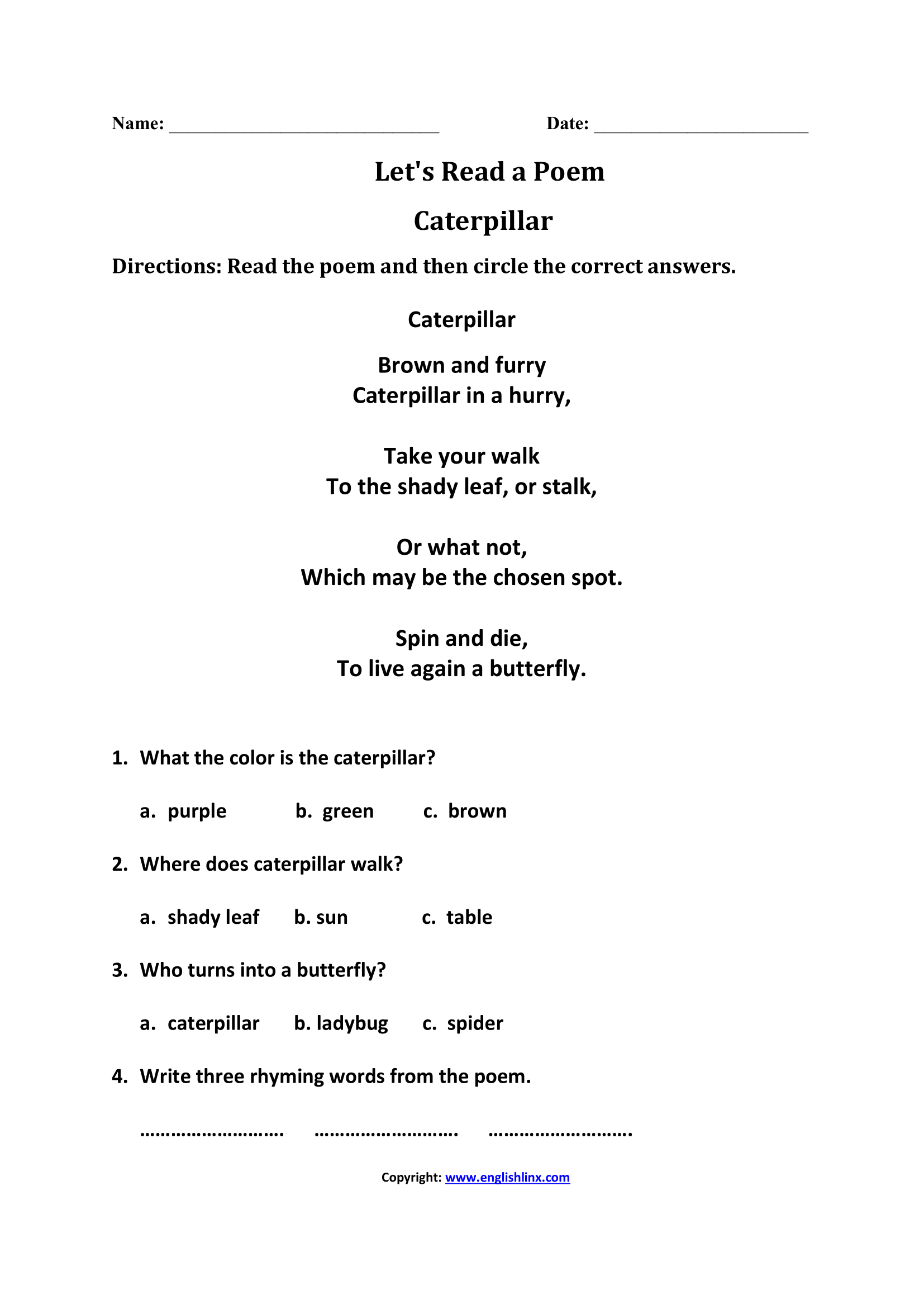 Let’s Read a Poem Worksheet | Caterpillar Poem Activity