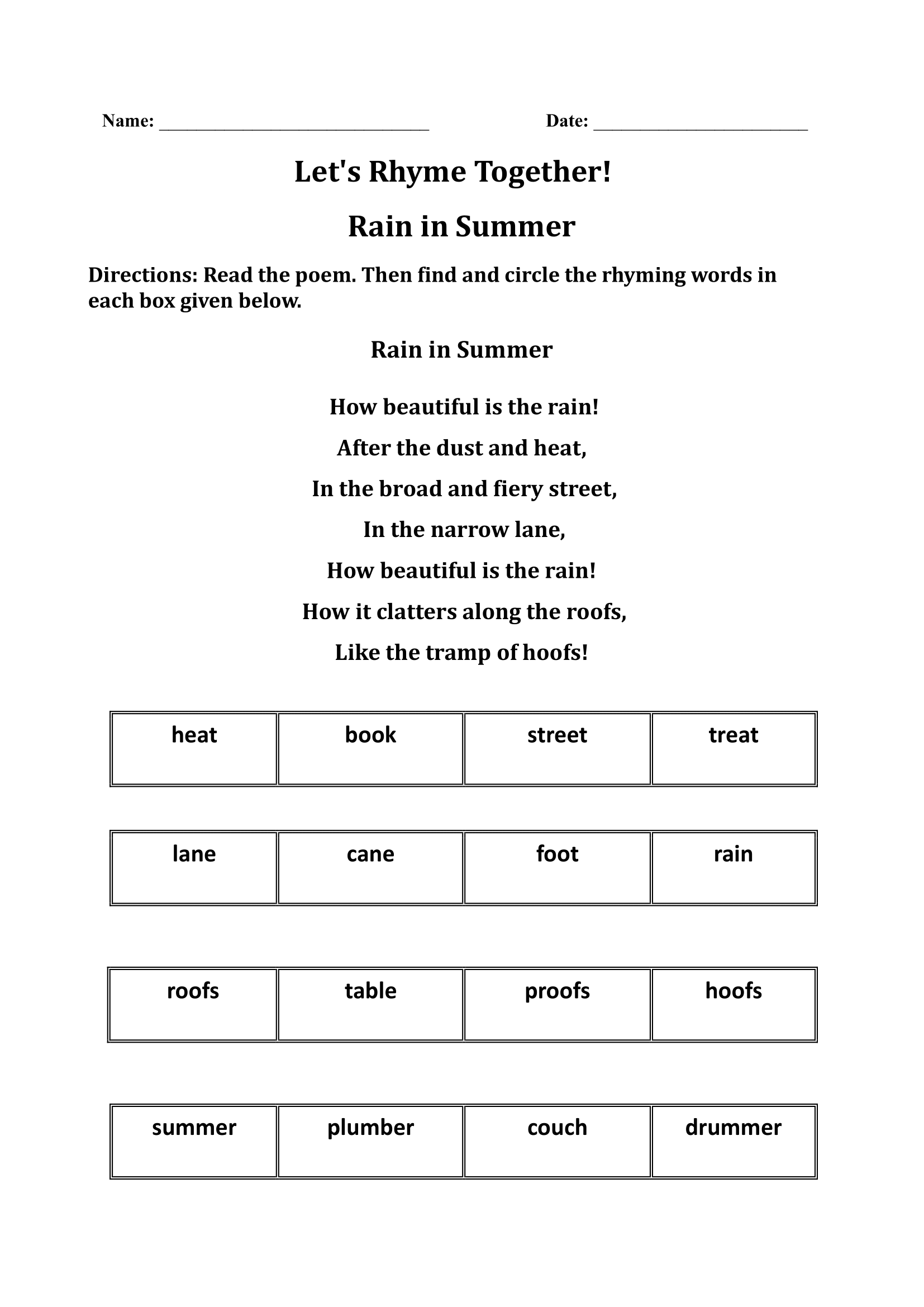 Let's Rhyme Together | Rain in Summer Poem Rhyming Activity