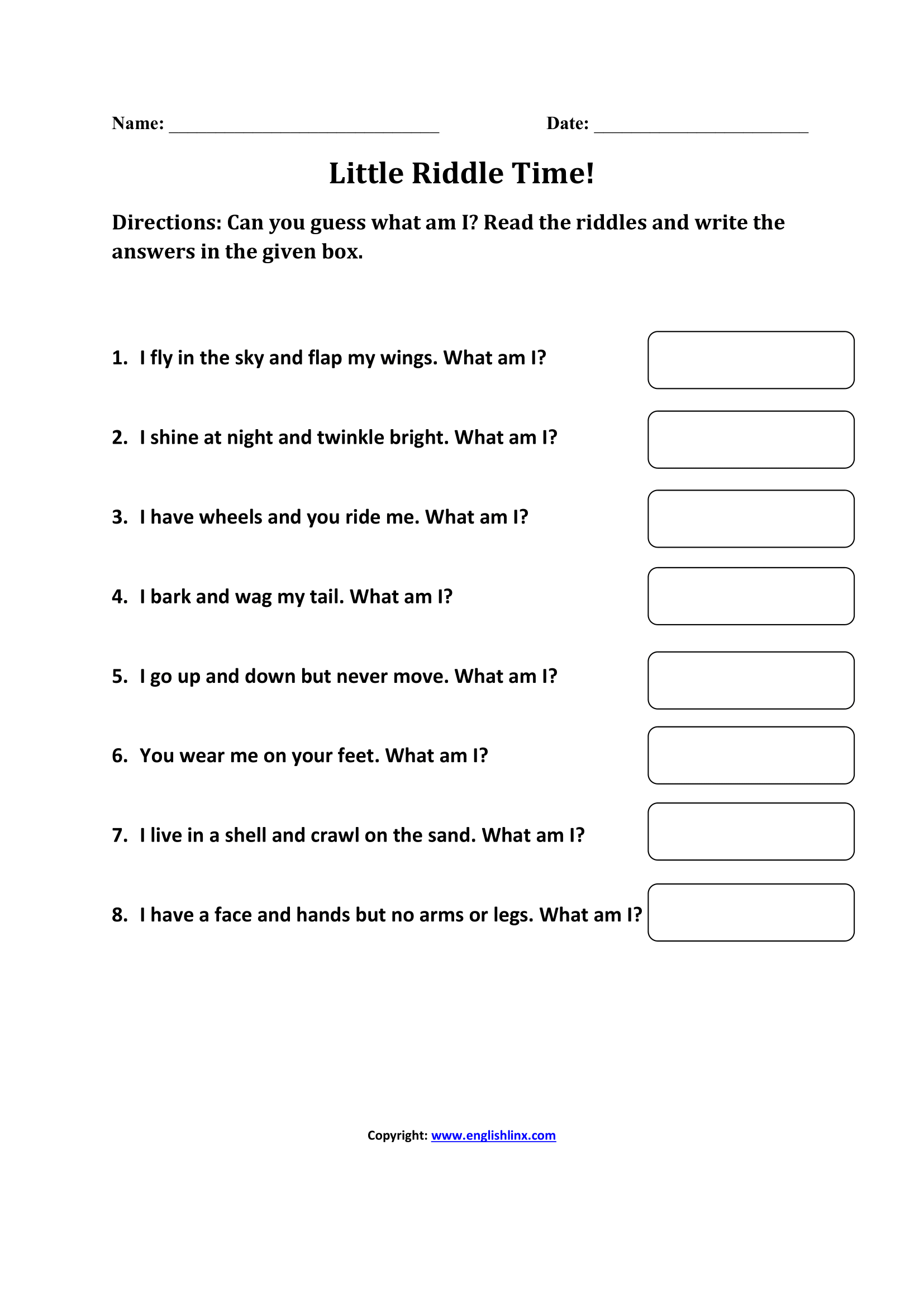 Little Riddle Time Worksheet | Printable Riddles for Kids