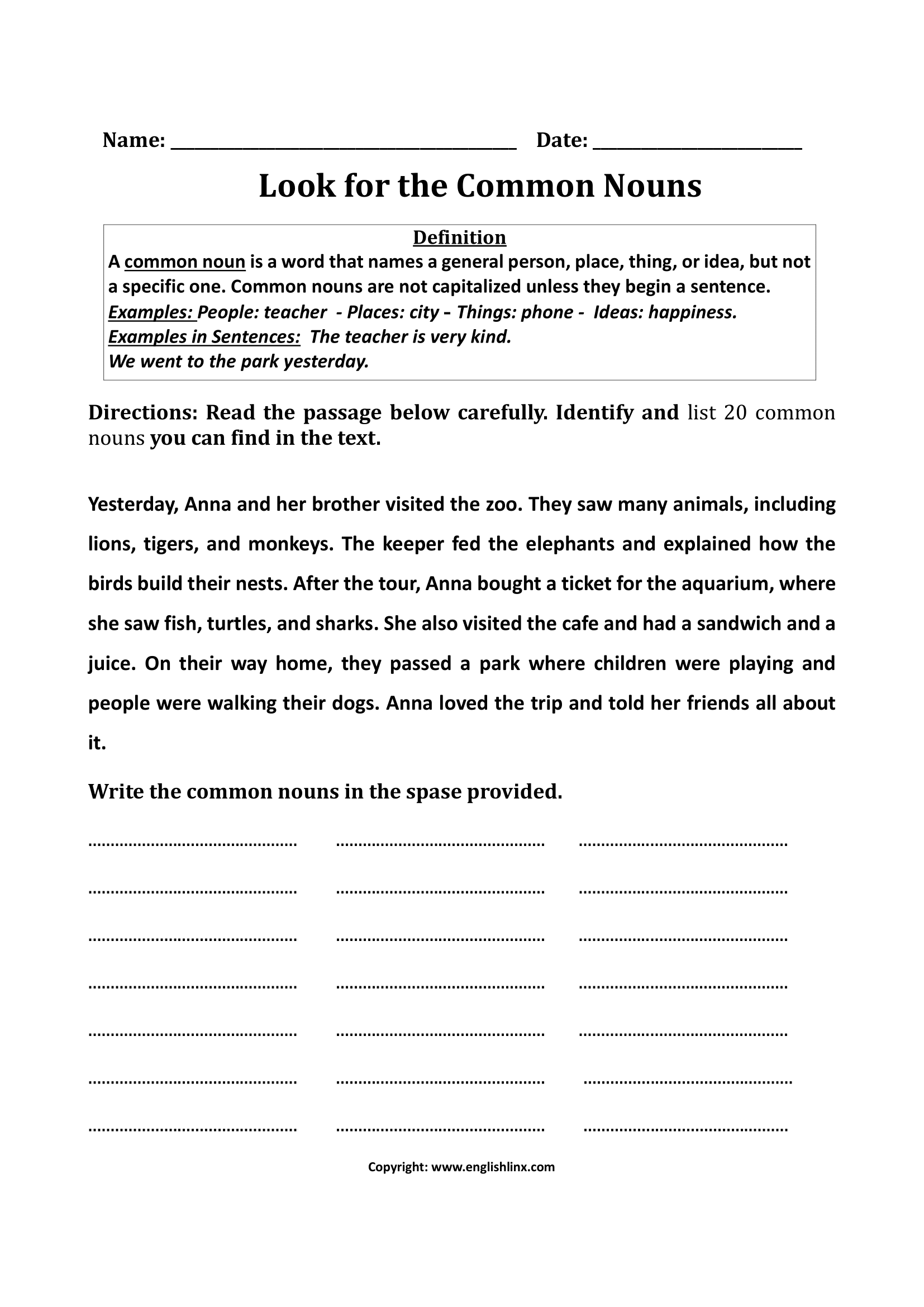 Common Noun Worksheets | Look for the Common Nouns Worksheet