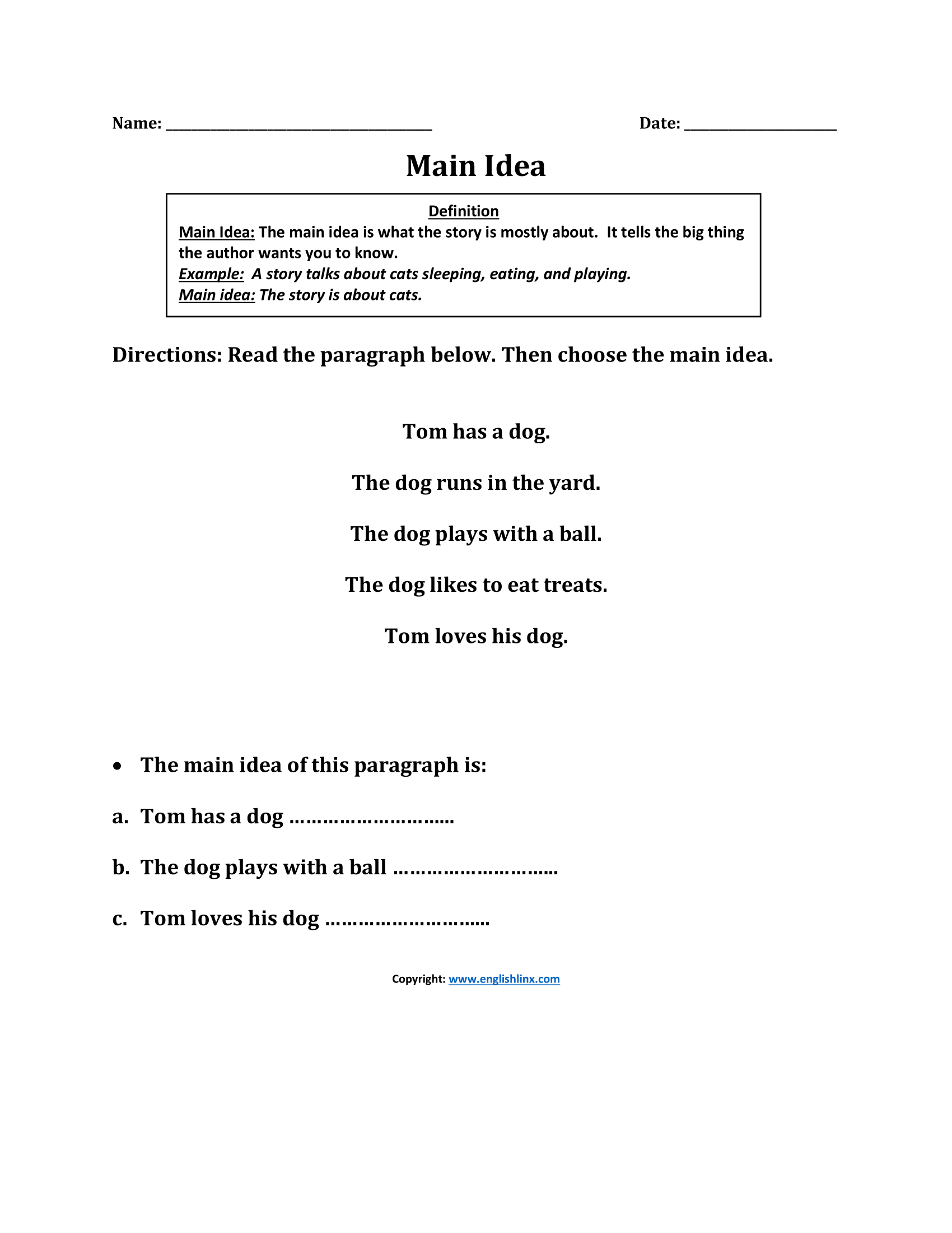 Fun Main Idea Worksheet