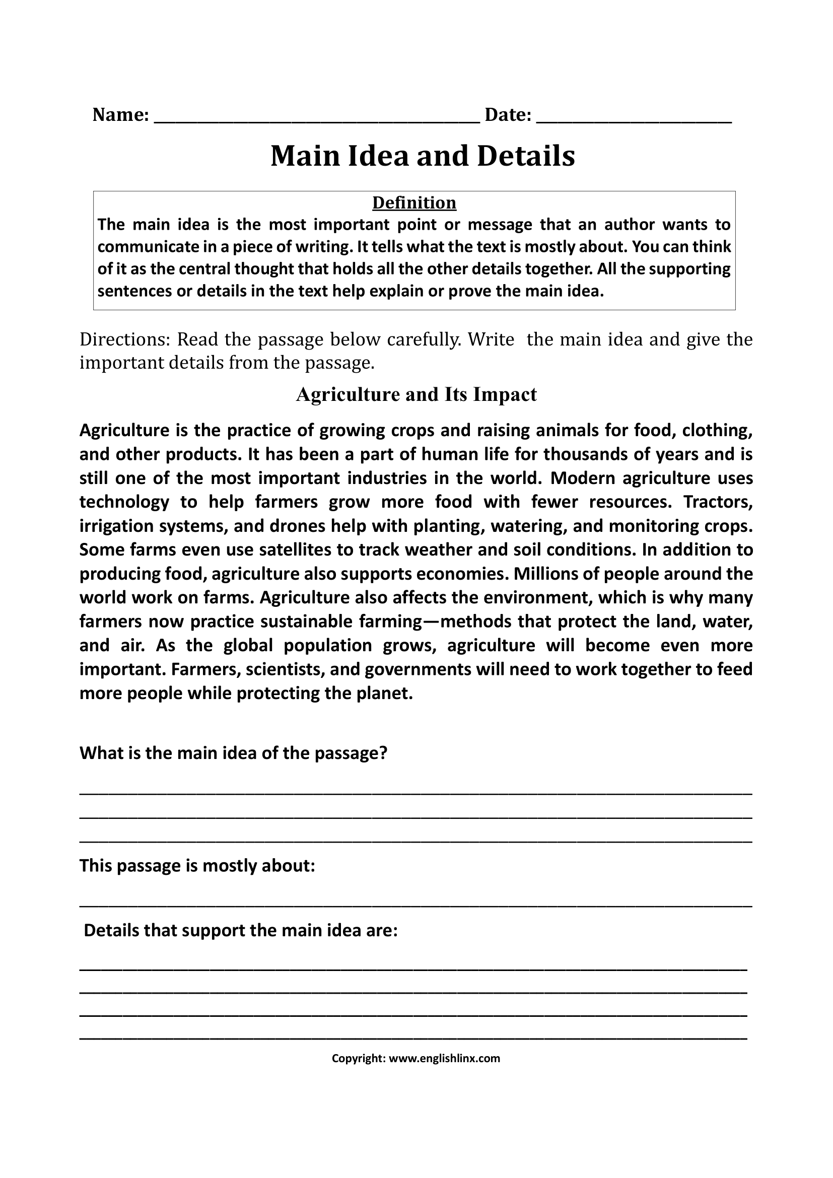 Main Idea Worksheets | Main Idea and Details Worksheet
