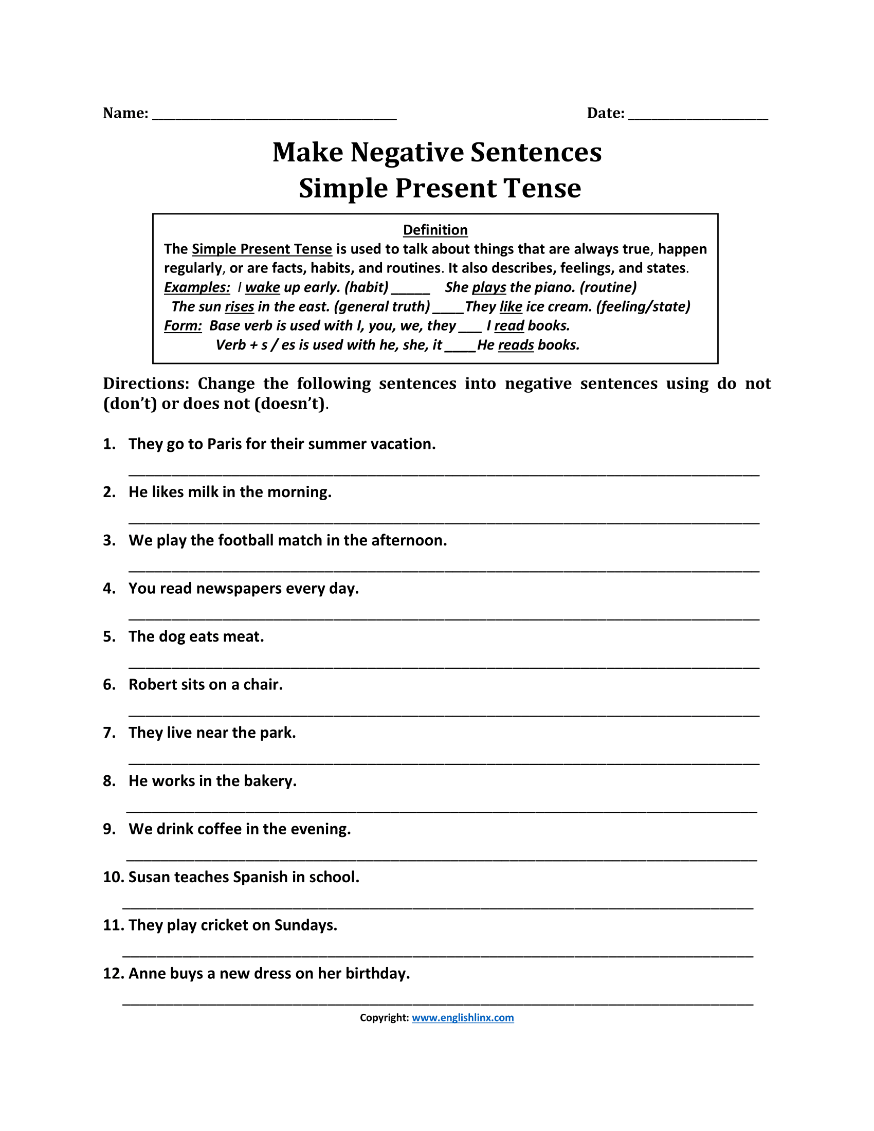 Make Negative Sentences Simple Present Tense Grades 6–12 Worksheet
