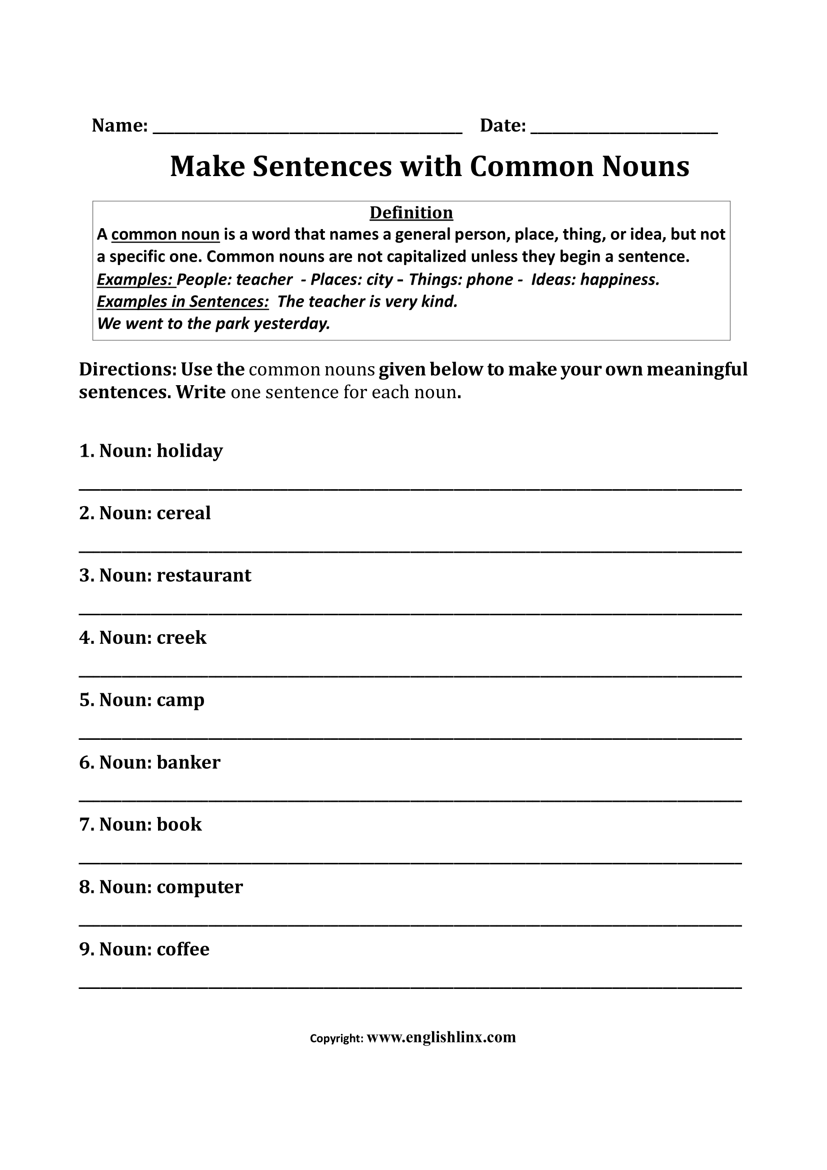 Common Noun Worksheets | Make Sentences with Common Nouns Worksheet