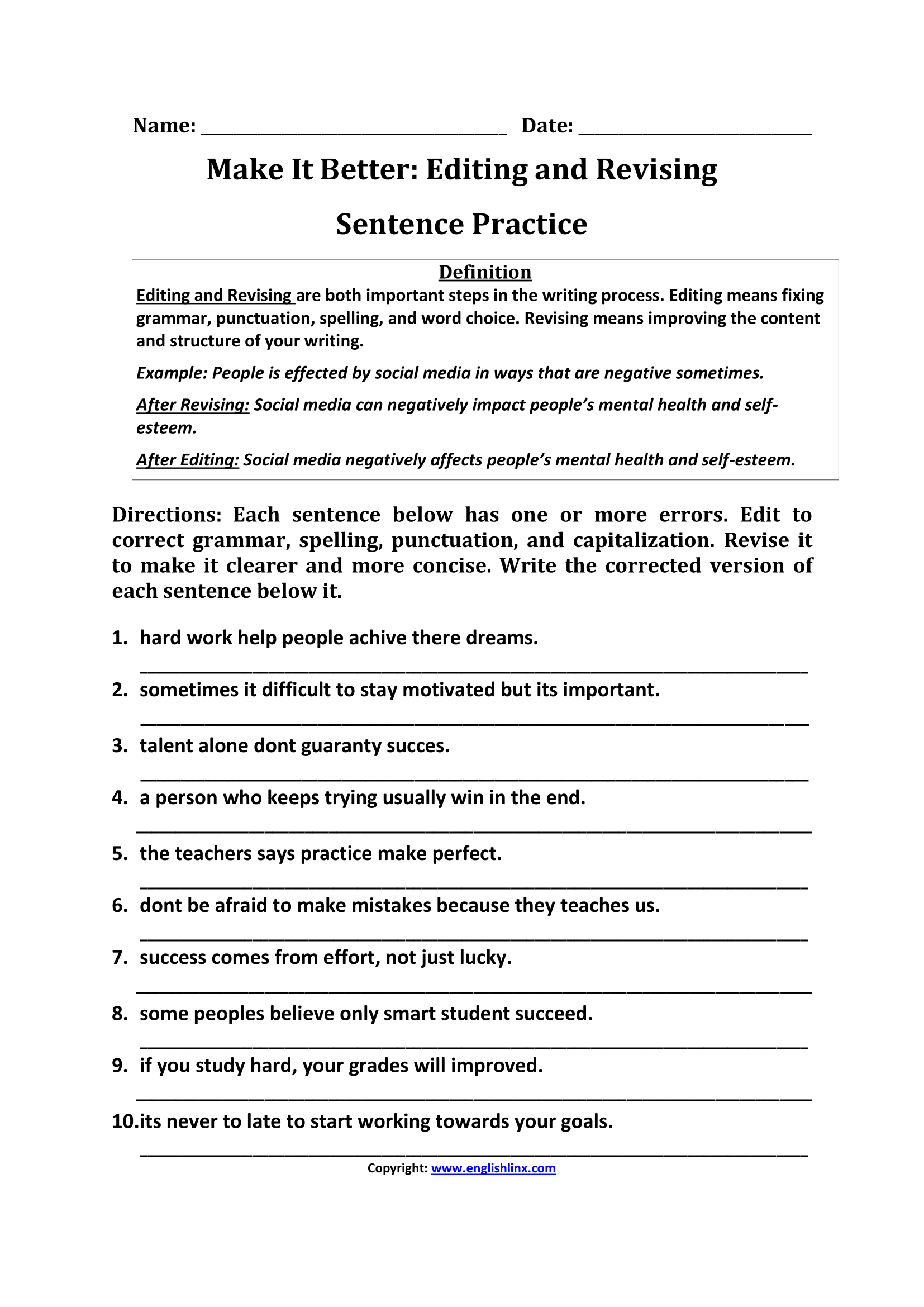 Editing Worksheets | Free Printable Editing and Proofreading Practice