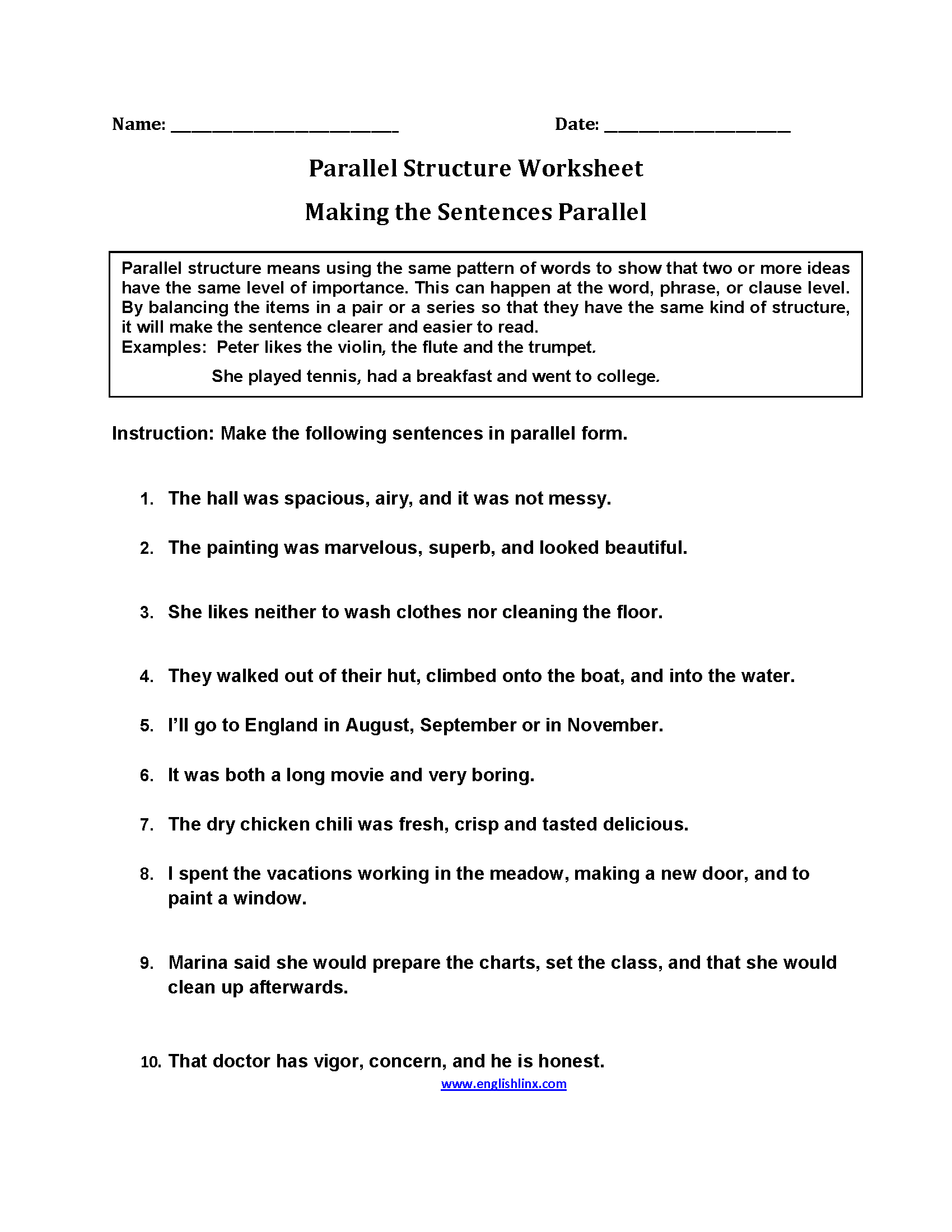 Parallel Structure Worksheets Making Sentences Parallel Structure 