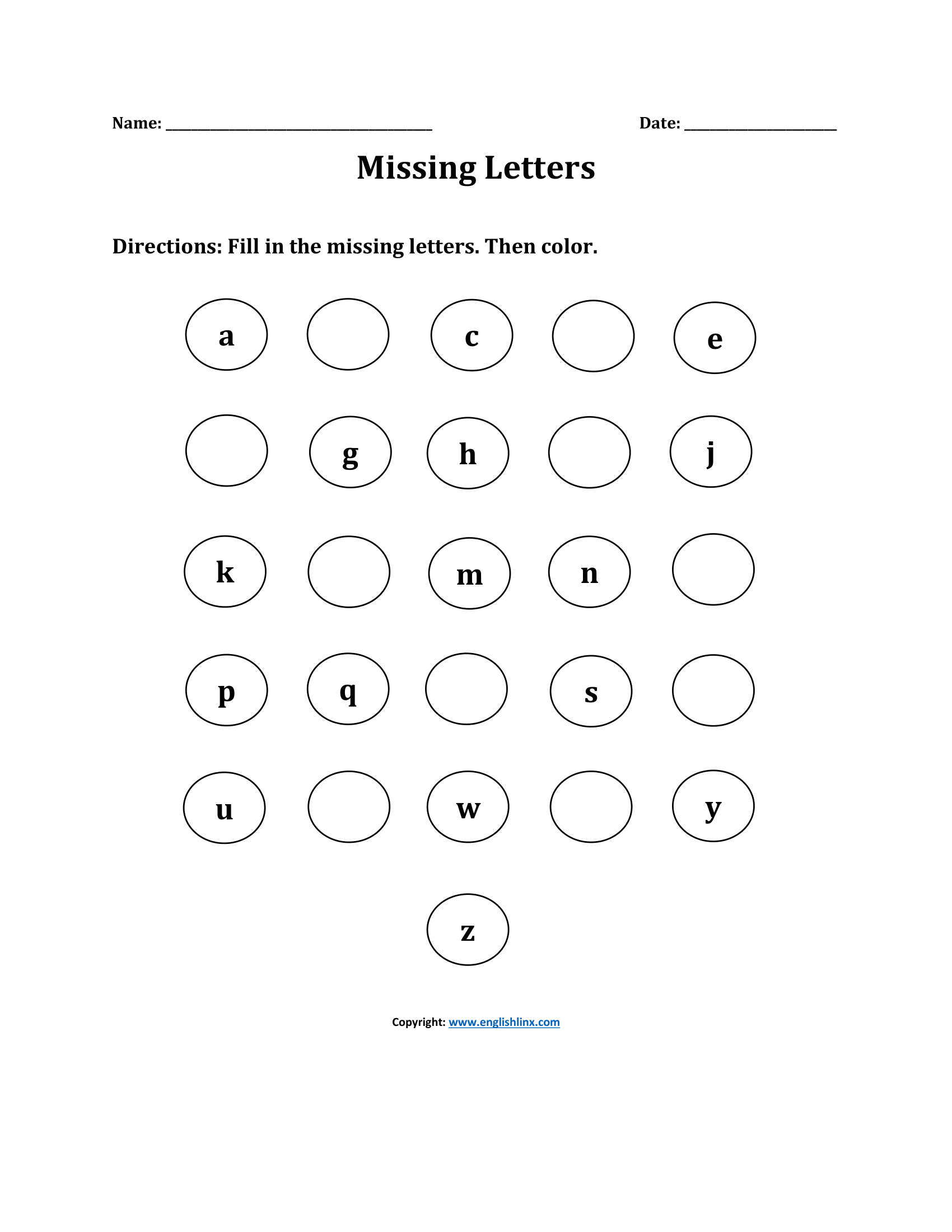 Phonics Worksheets for Preschool | Missing Letters Worksheet