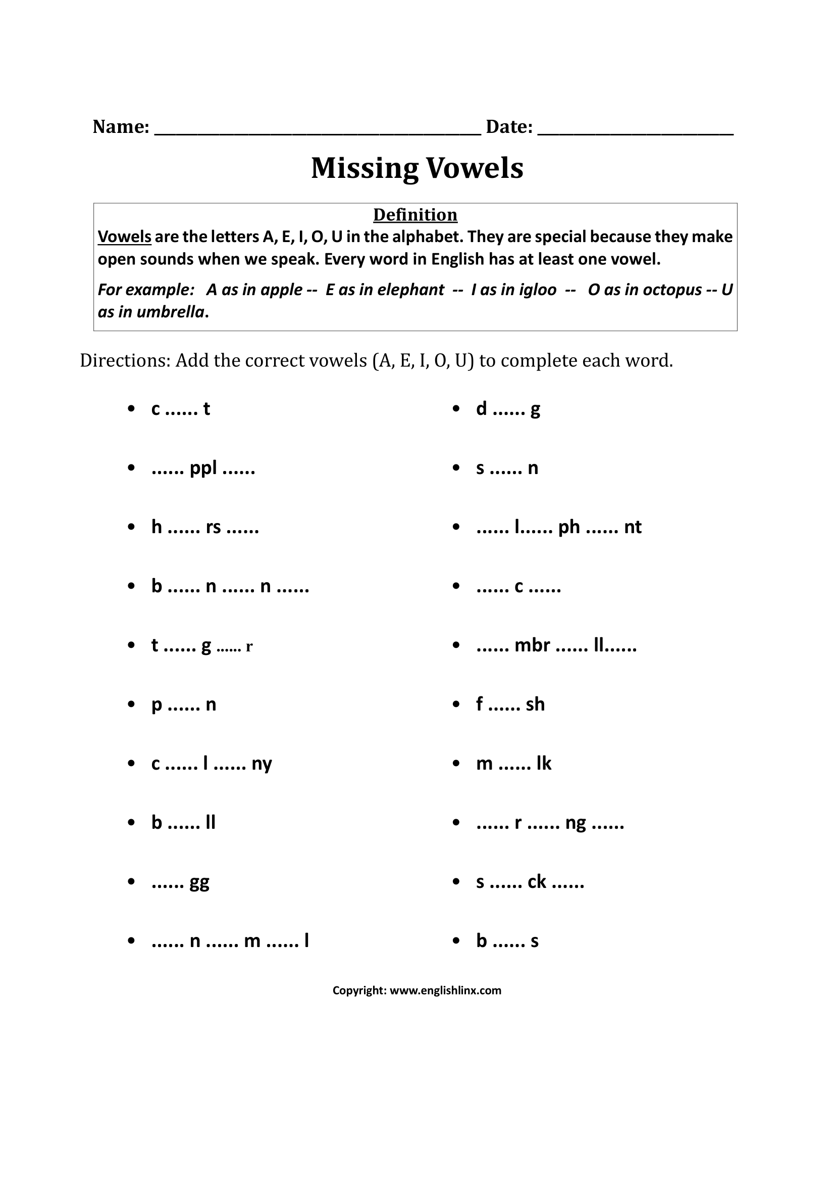 Vowels Worksheets | Missing Vowels Worksheet