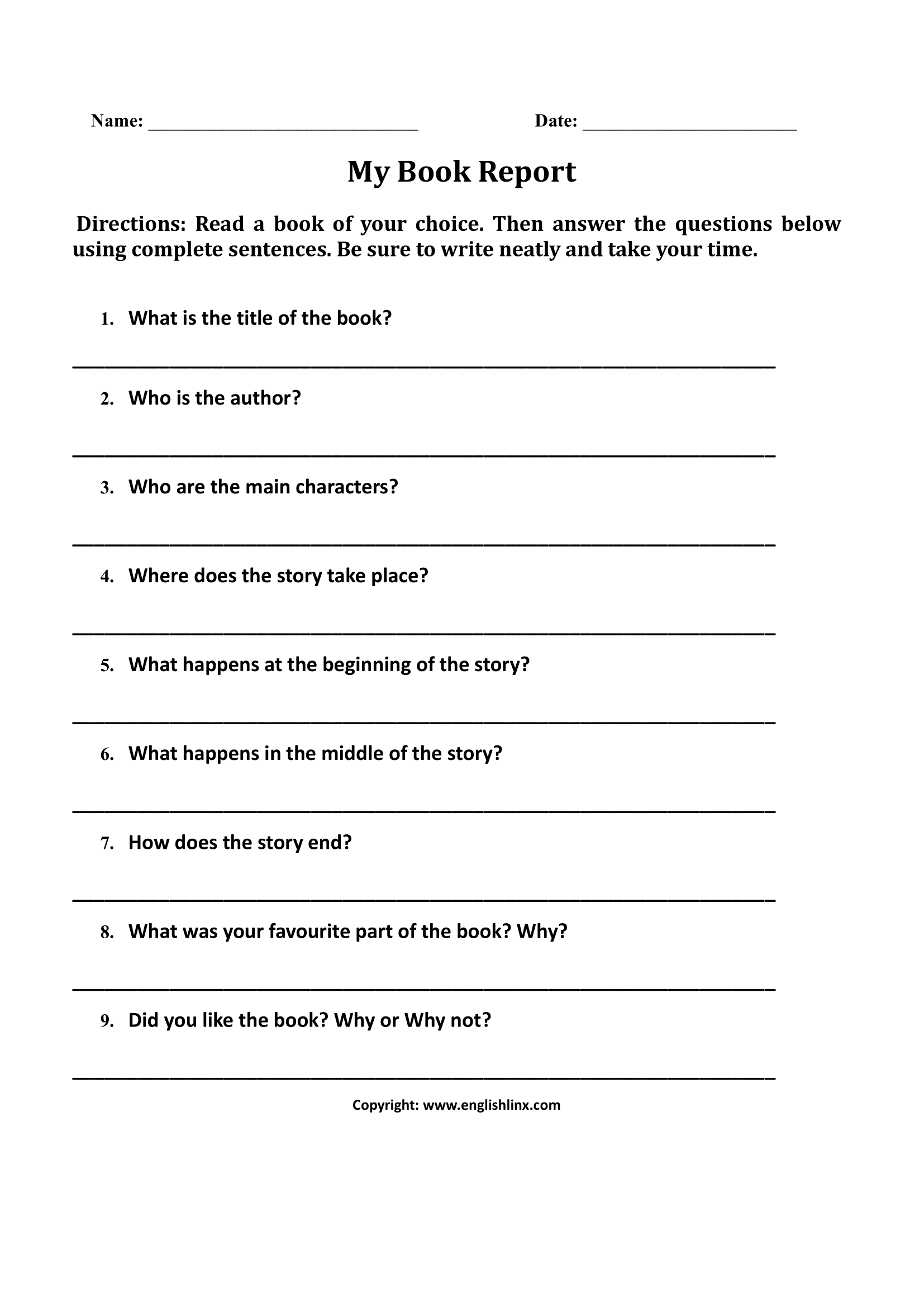 Book Report Worksheets My Book Report Worksheet