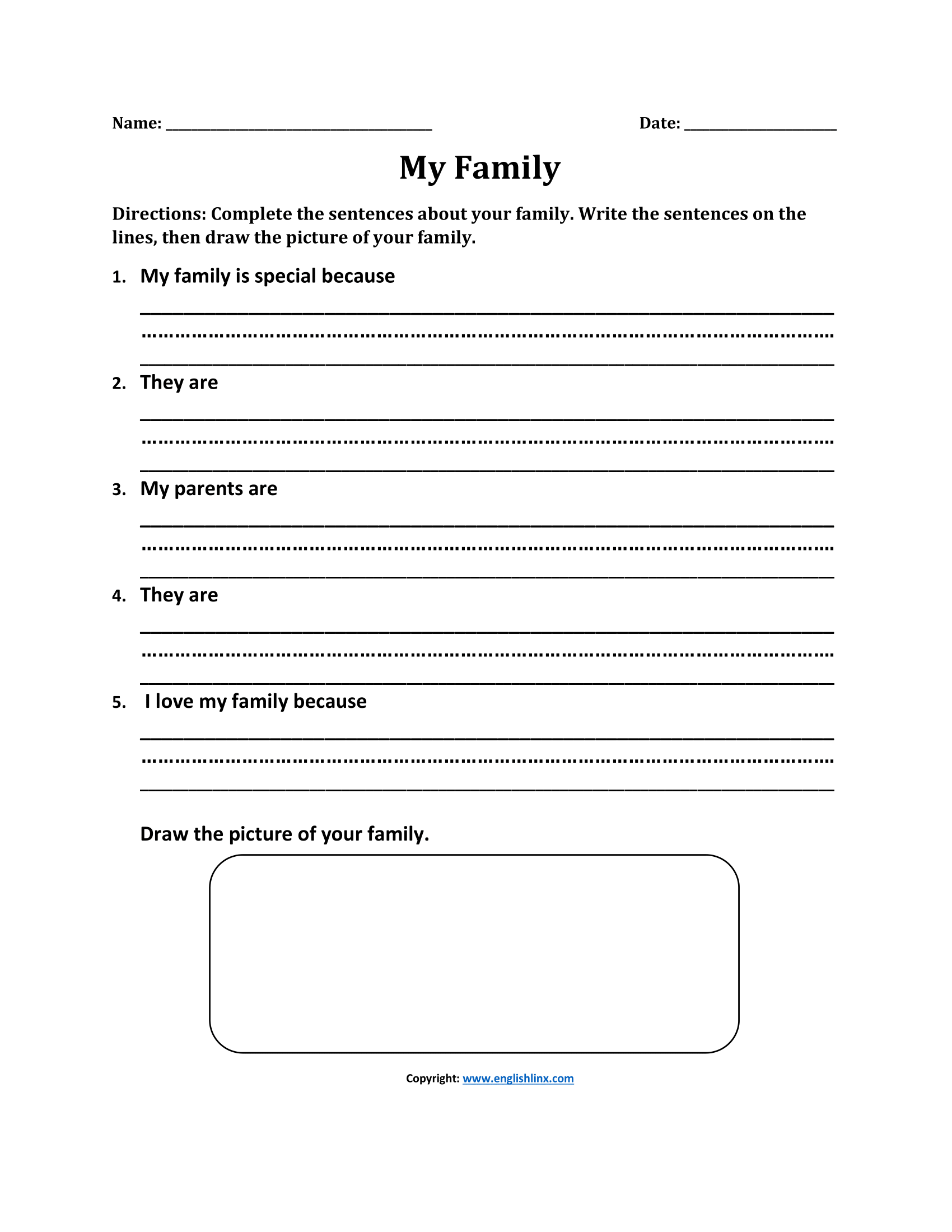 Kindergarten Writing Worksheets | My Family Worksheet