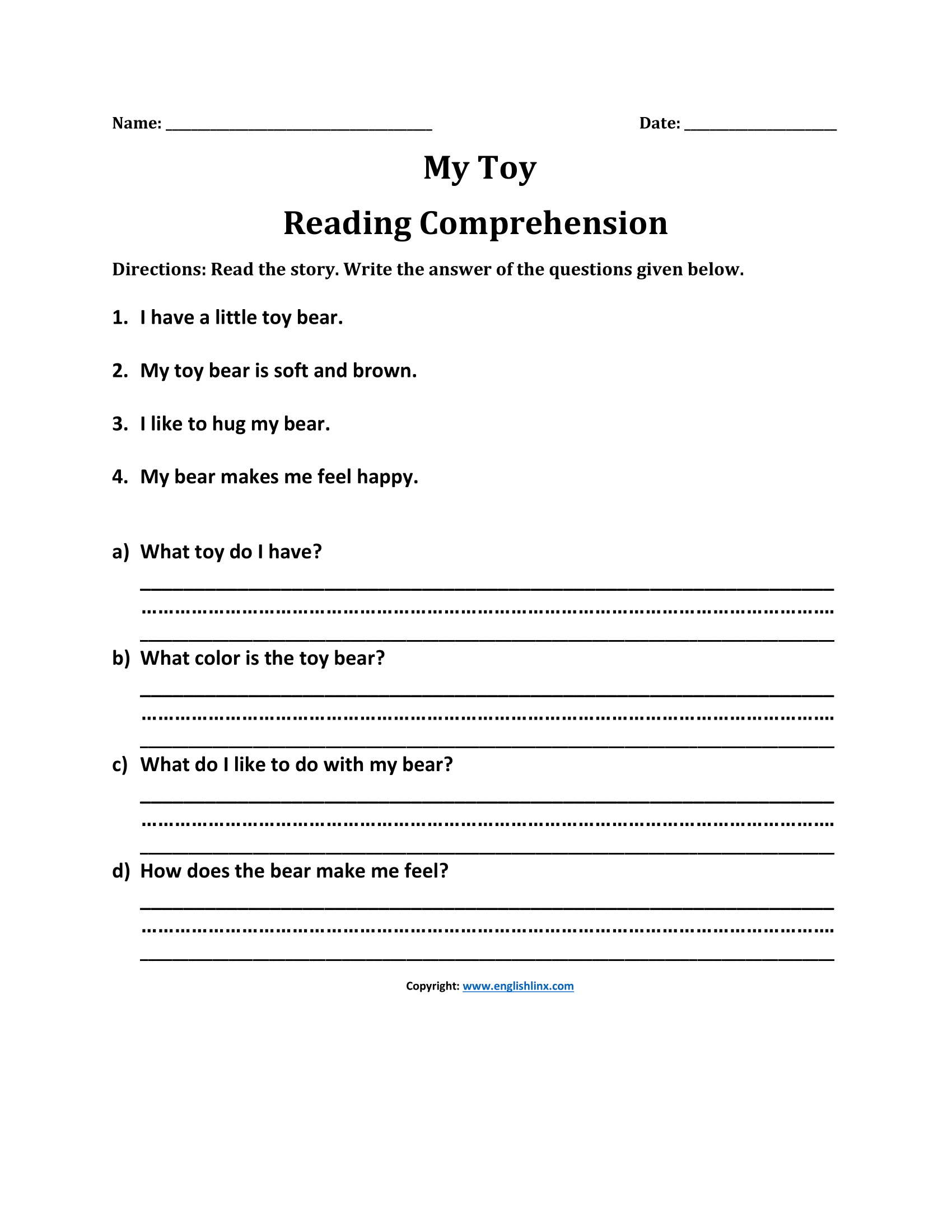 Kindergarten Writing Worksheets | My Toy Reading Comprehension