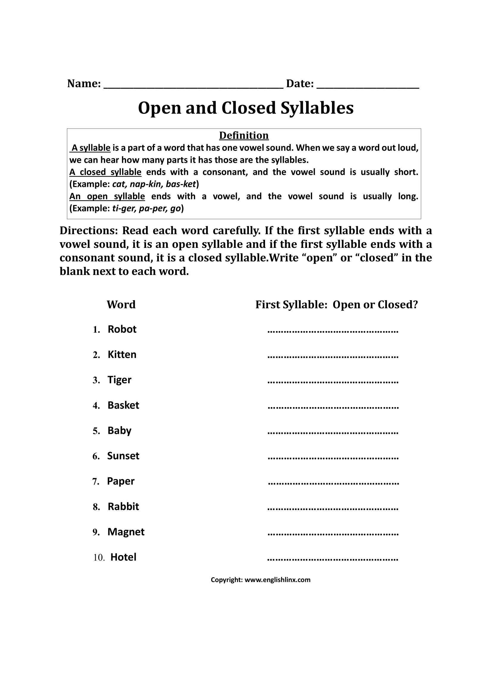 Englishlinx.com | Syllables Worksheets