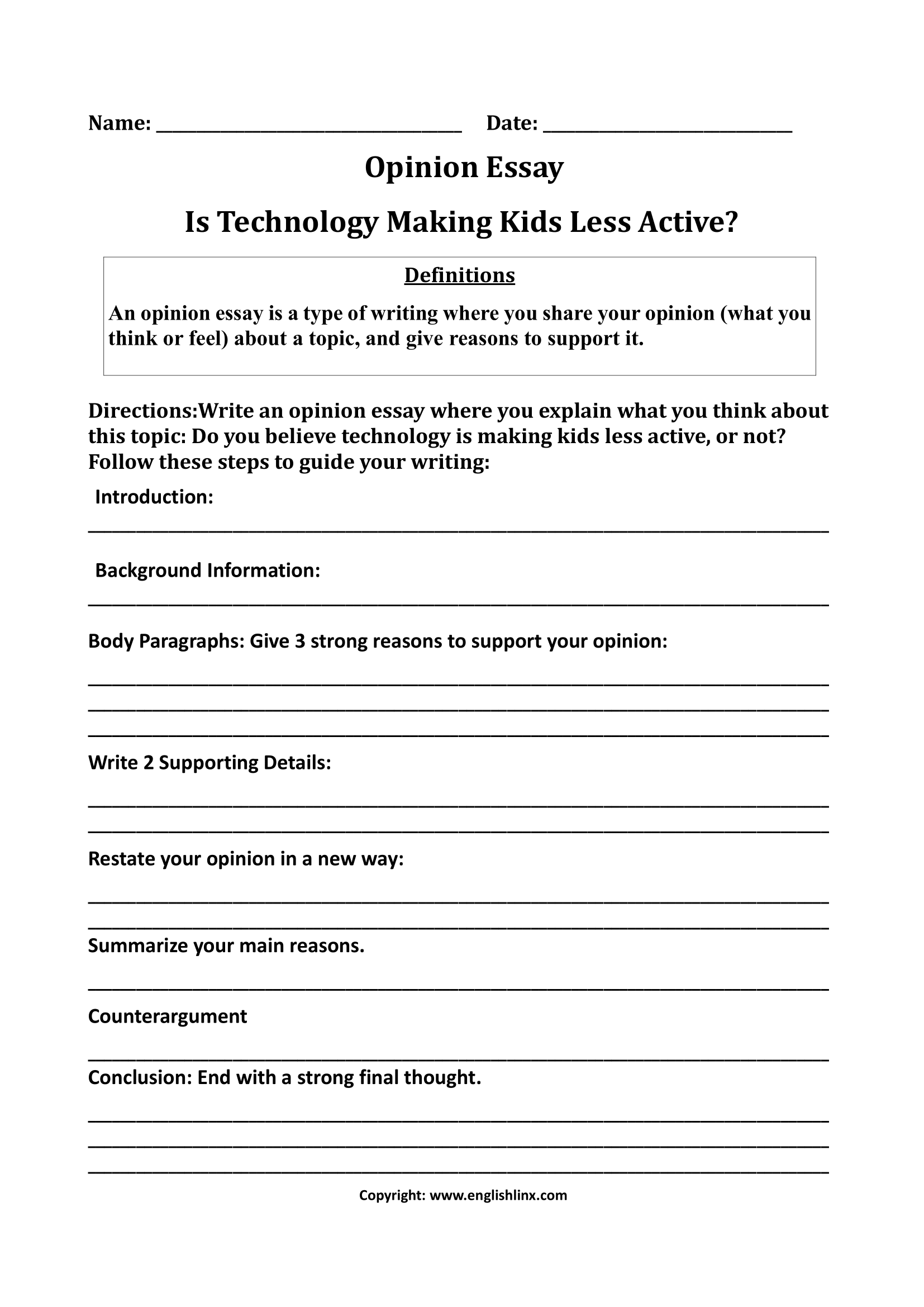 5th Grade Writing Worksheets | Opinion Essay Worksheet