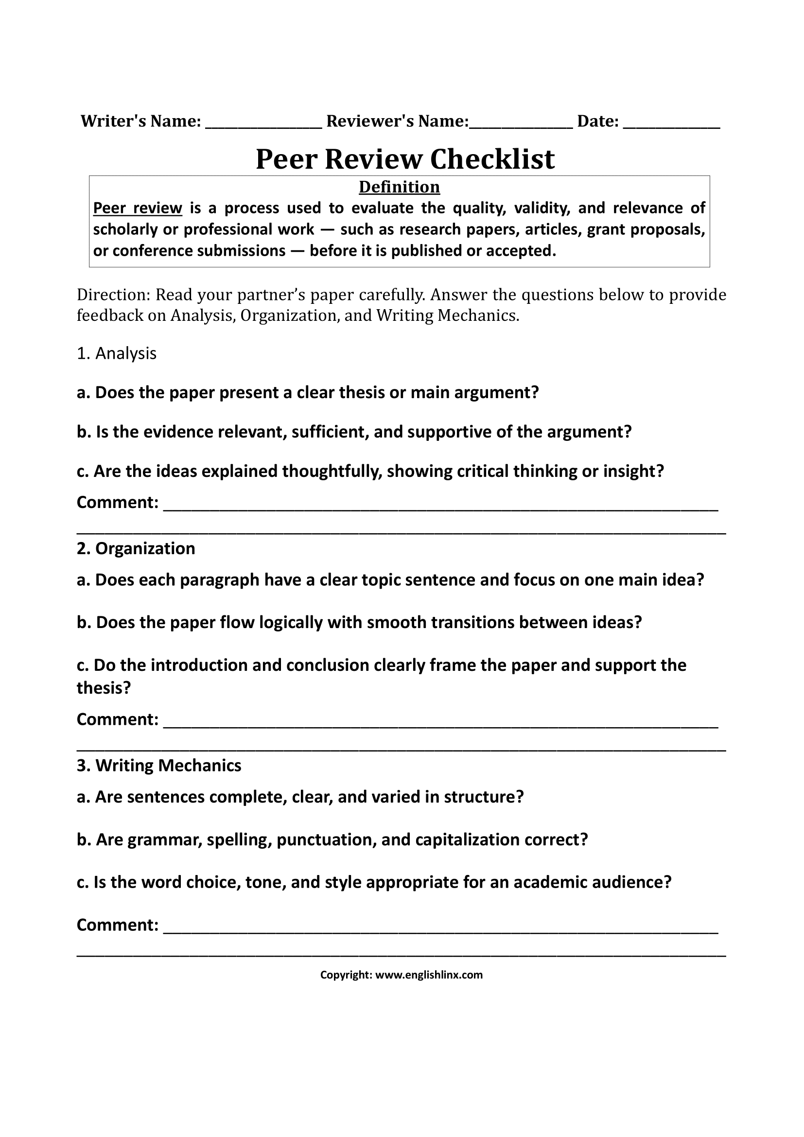 Peer Review Worksheets | Free Printable Peer Review Activities