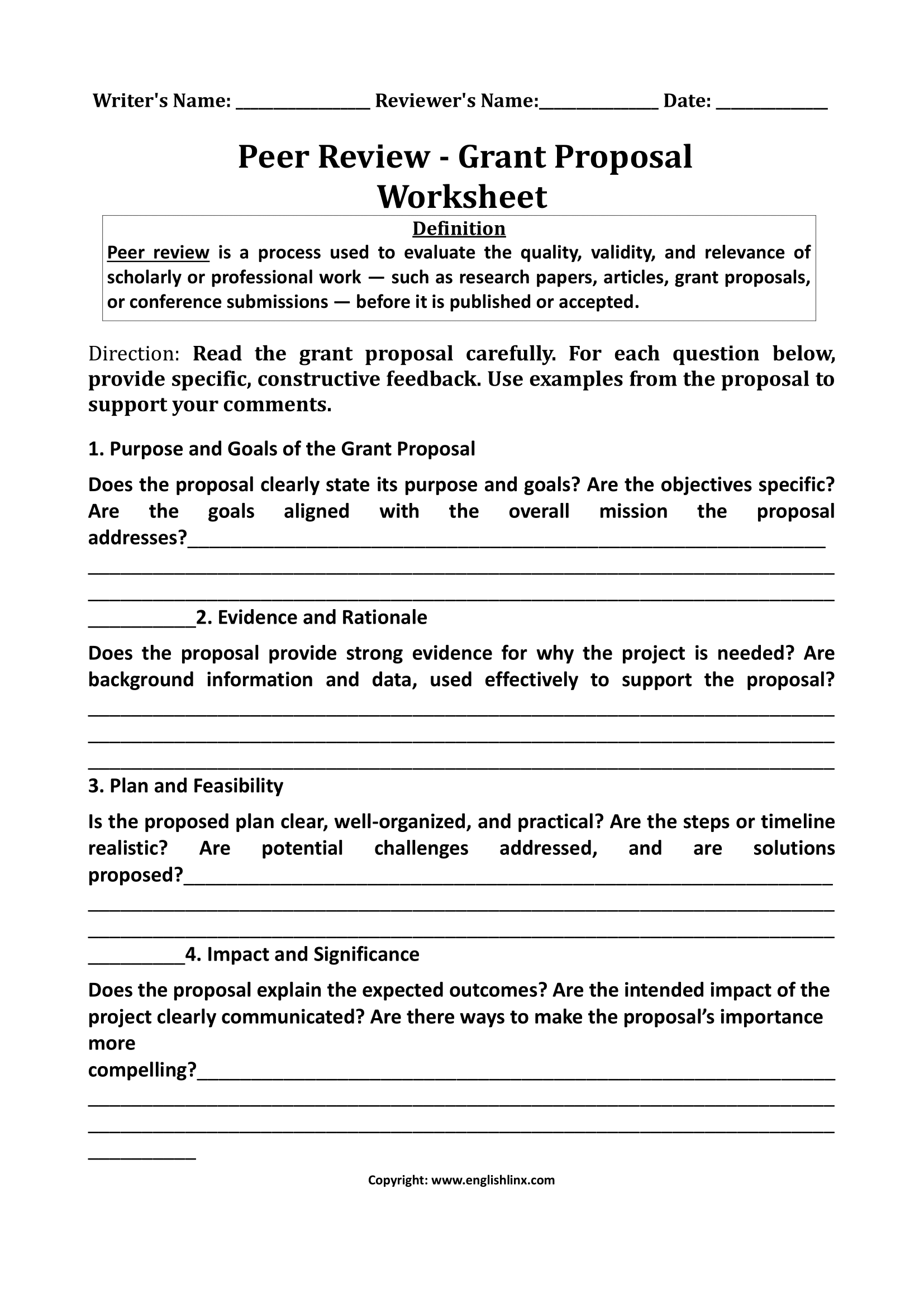 Peer Review Grant Proposal Worksheet