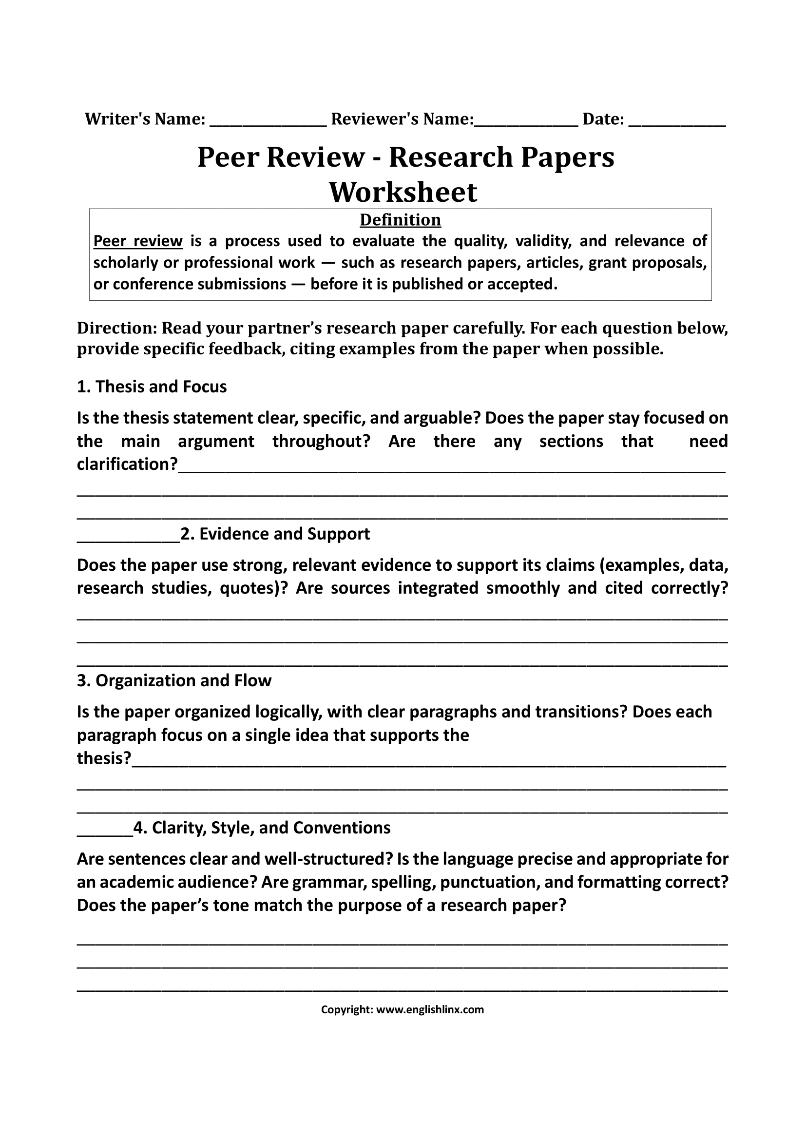Peer Review Worksheets | Free Printable Peer Review Activities
