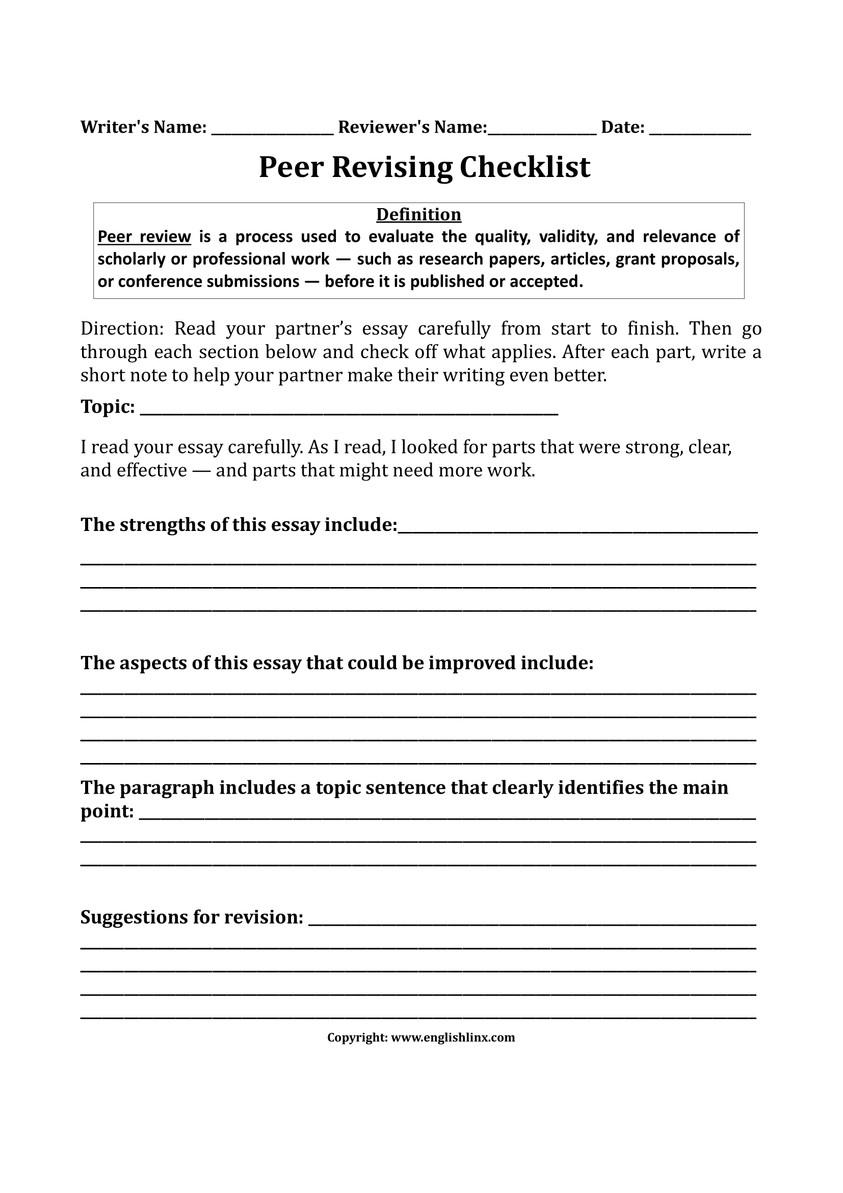 Peer Review Worksheets | Free Printable Peer Review Activities
