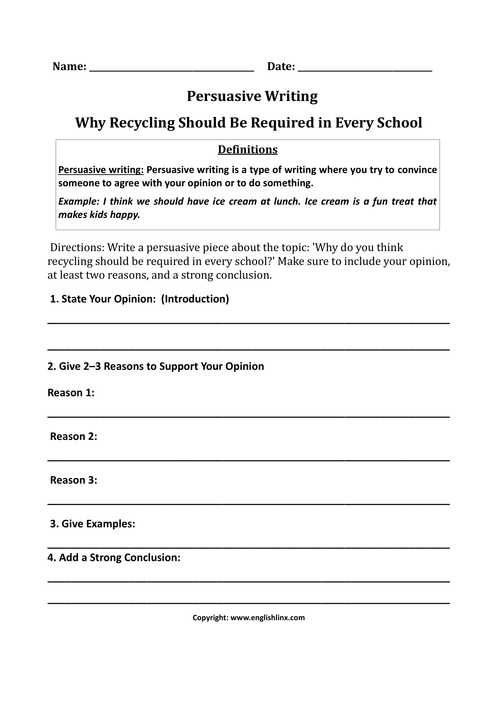 4th Grade Writing Worksheets | Persuasive Writing