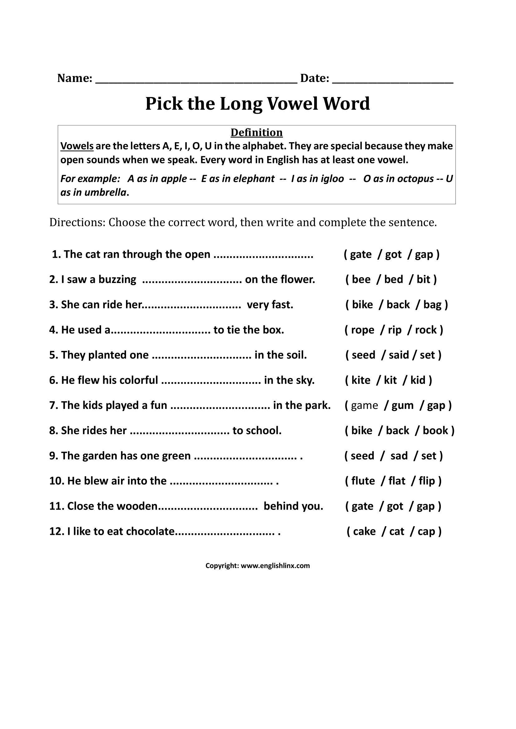 Vowels Worksheets | Printable Long and Short Vowel Phonics Practice
