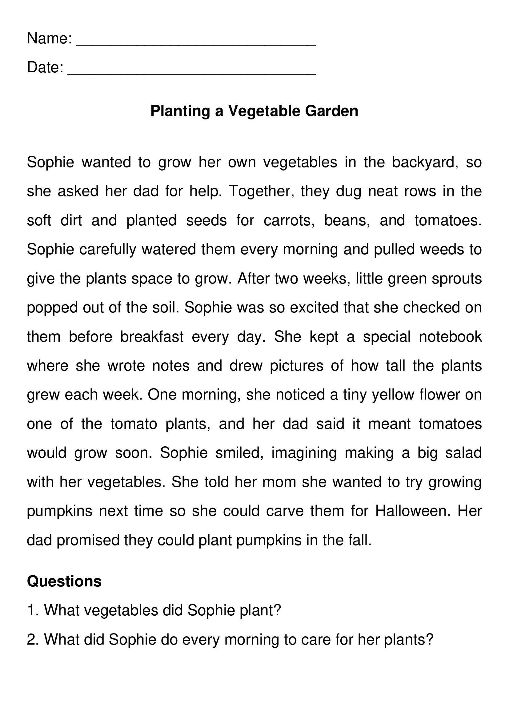 Planting a Vegetable Garden 2nd Grade Reading Comprehension Worksheets