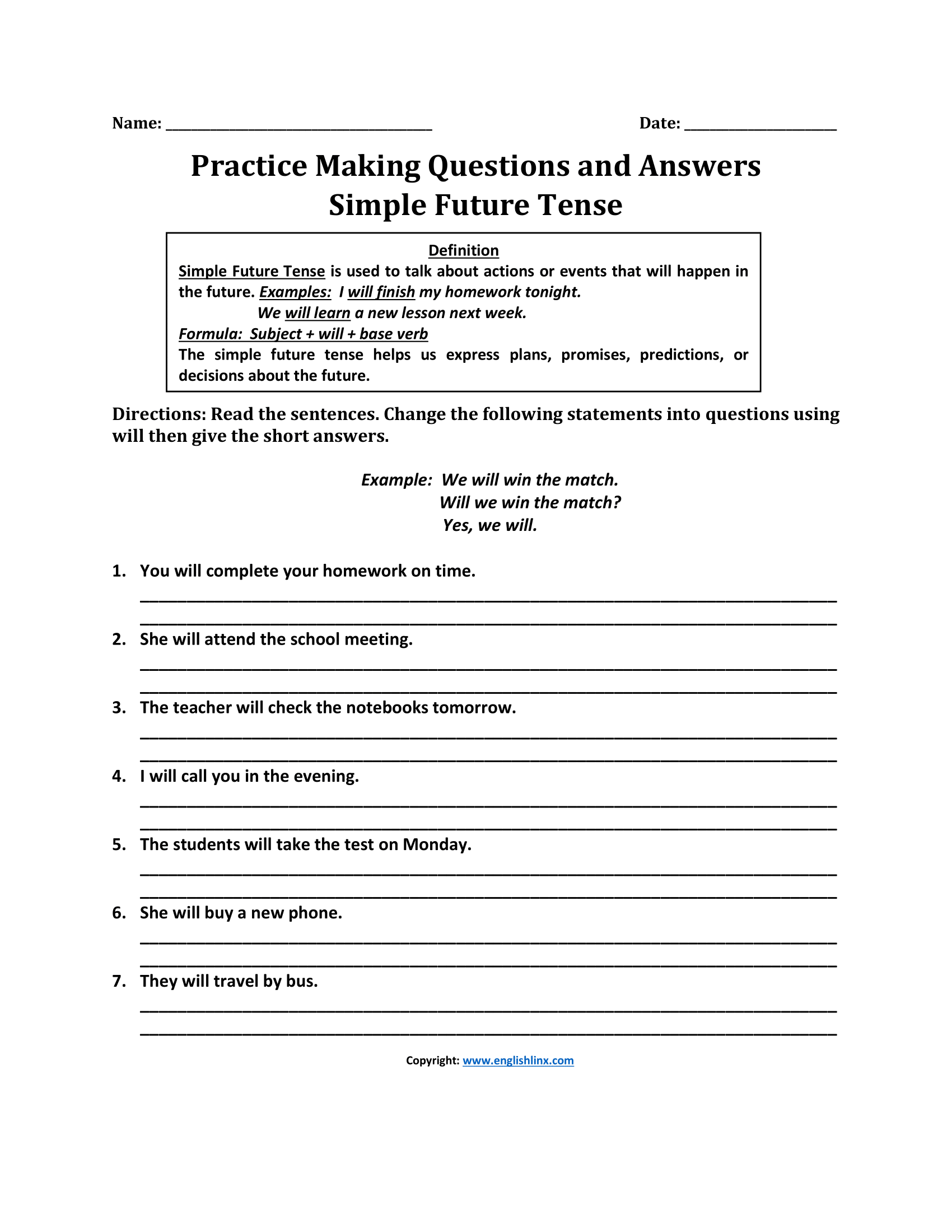 Practice Making Questions Simple Future Tense Worksheets