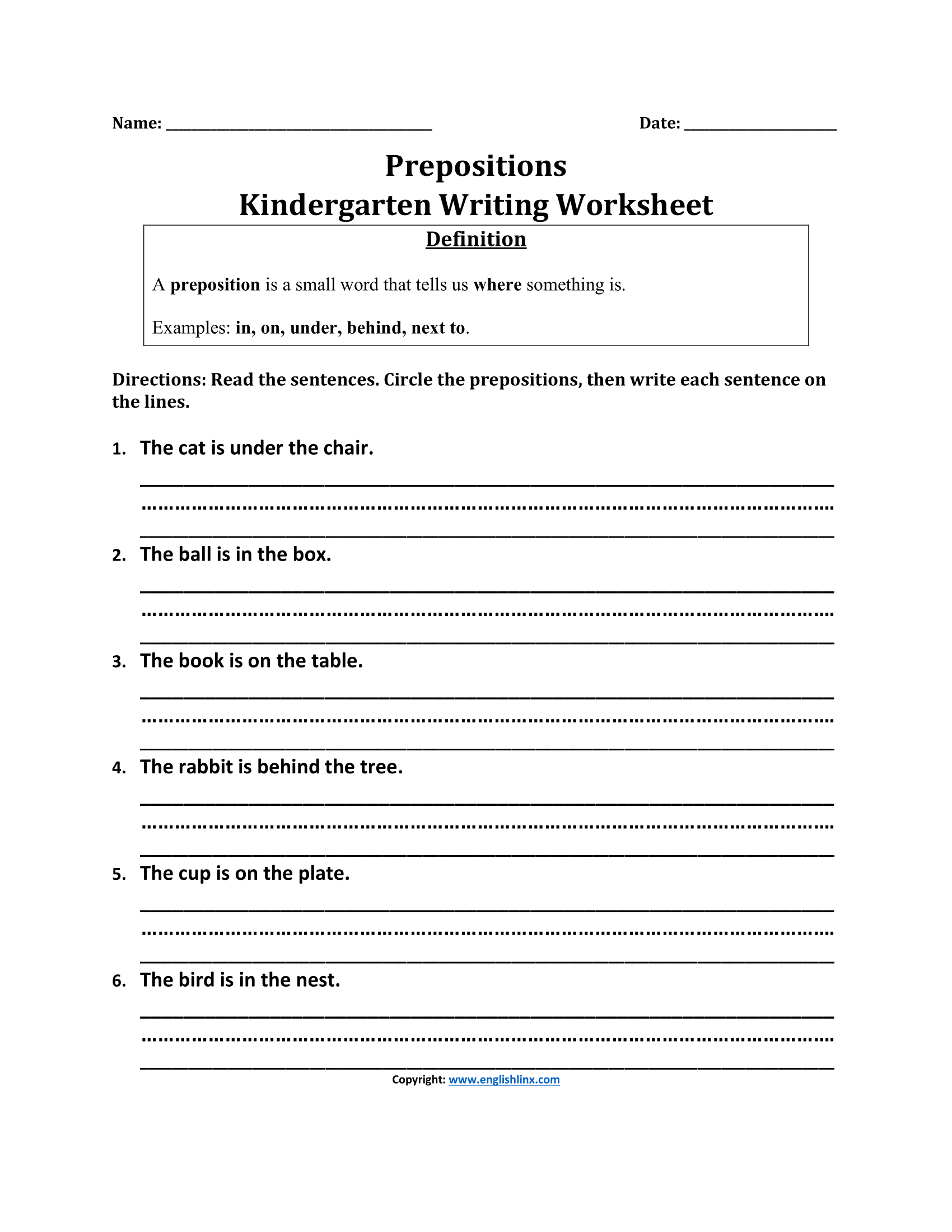 Kindergarten Writing Worksheets | Prepositions Worksheet