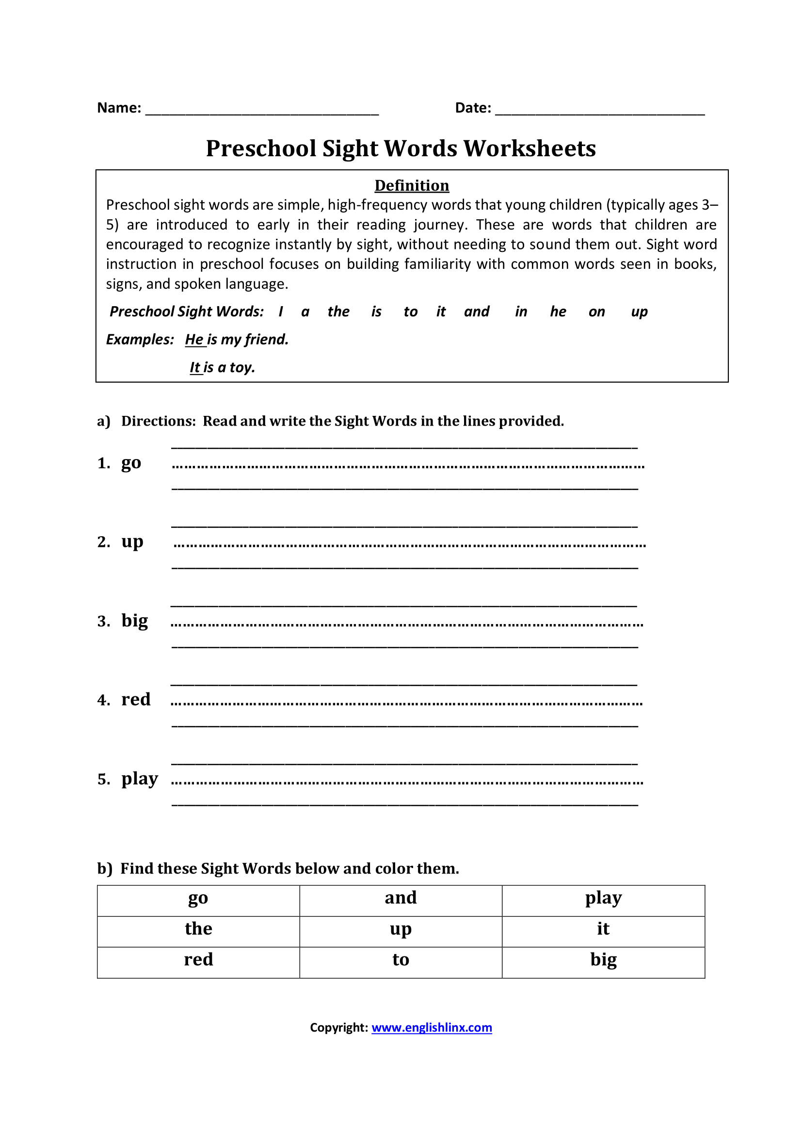 Sight Words Worksheets | Preschool Sight Words Worksheets