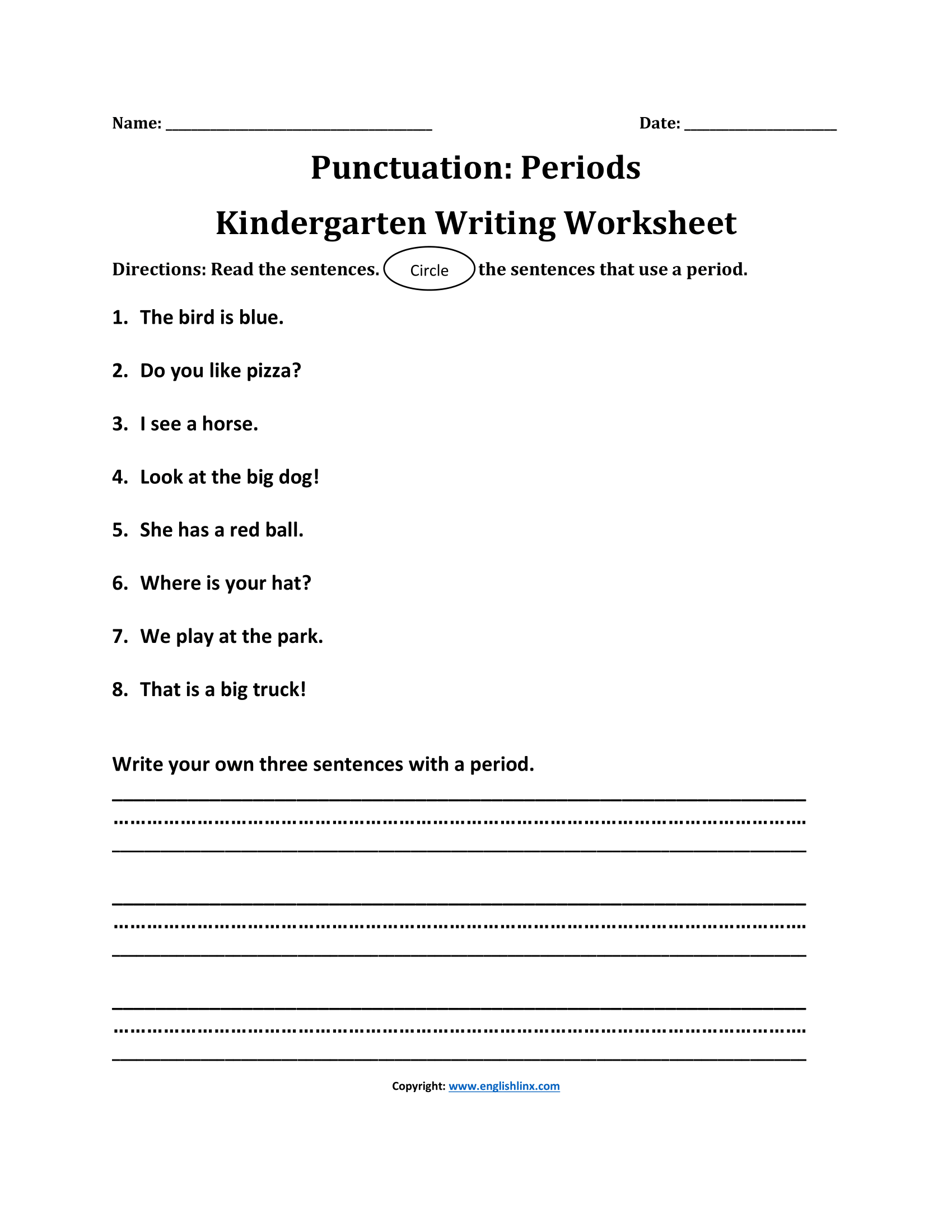 Kindergarten Writing Worksheets | Punctuation Periods Worksheet