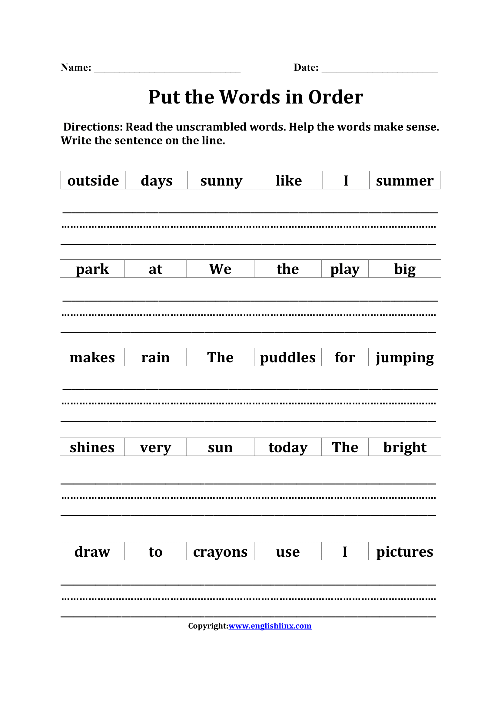 Put the Words in Order | Kindergarten Sentence Practice