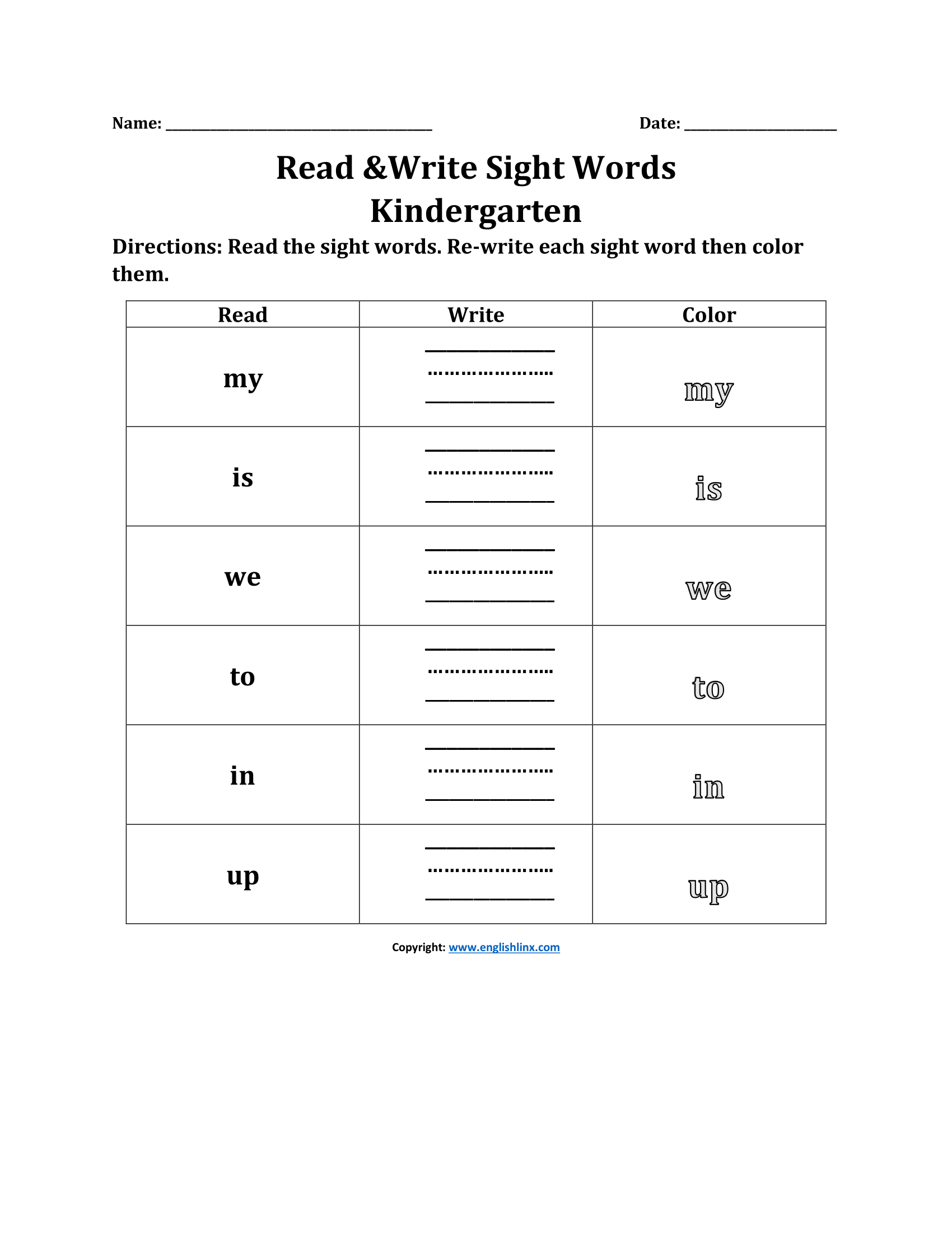 Kindergarten Sight Words Worksheets | Free Printable Sight Word Practice