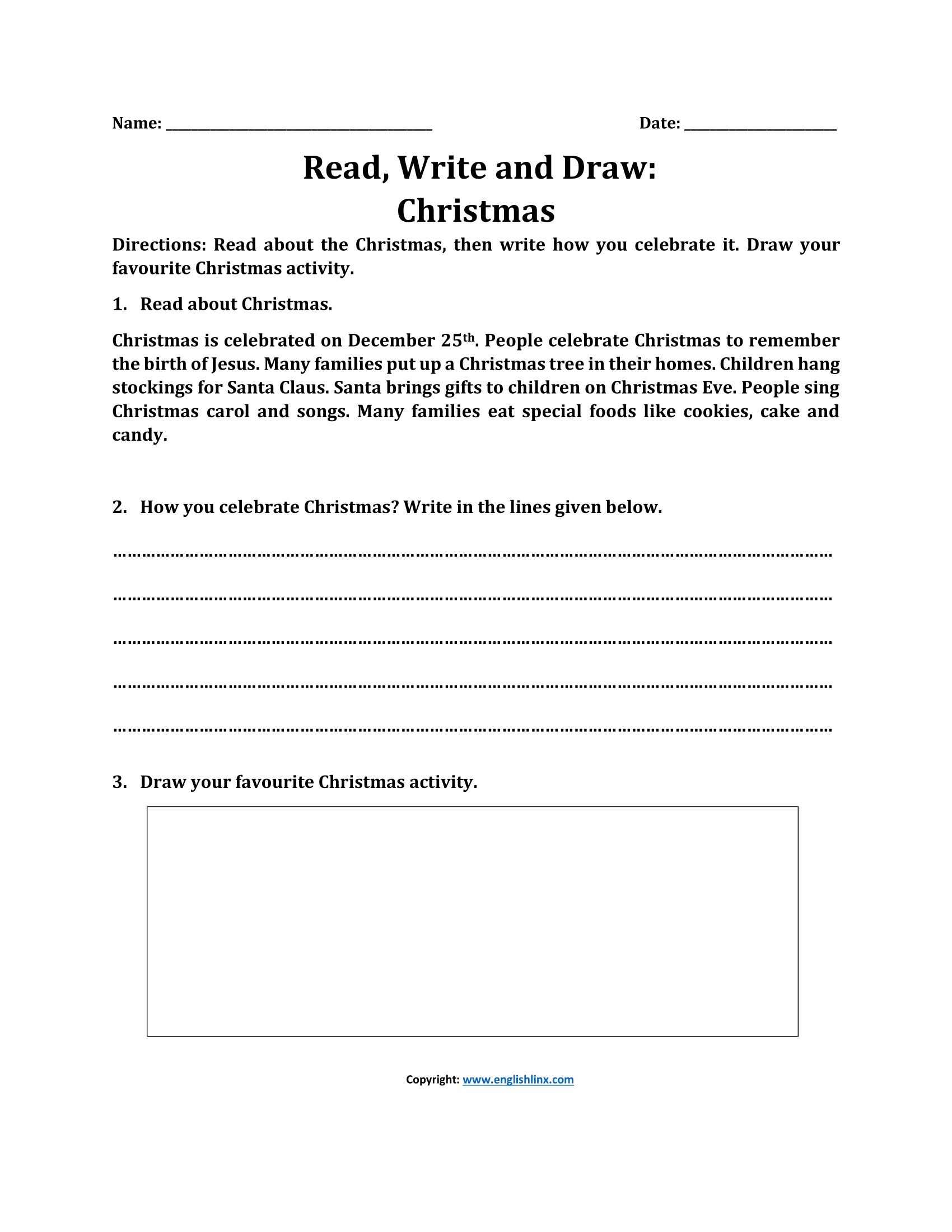 Kindergarten Writing Worksheets | Read Write and Draw Christmas