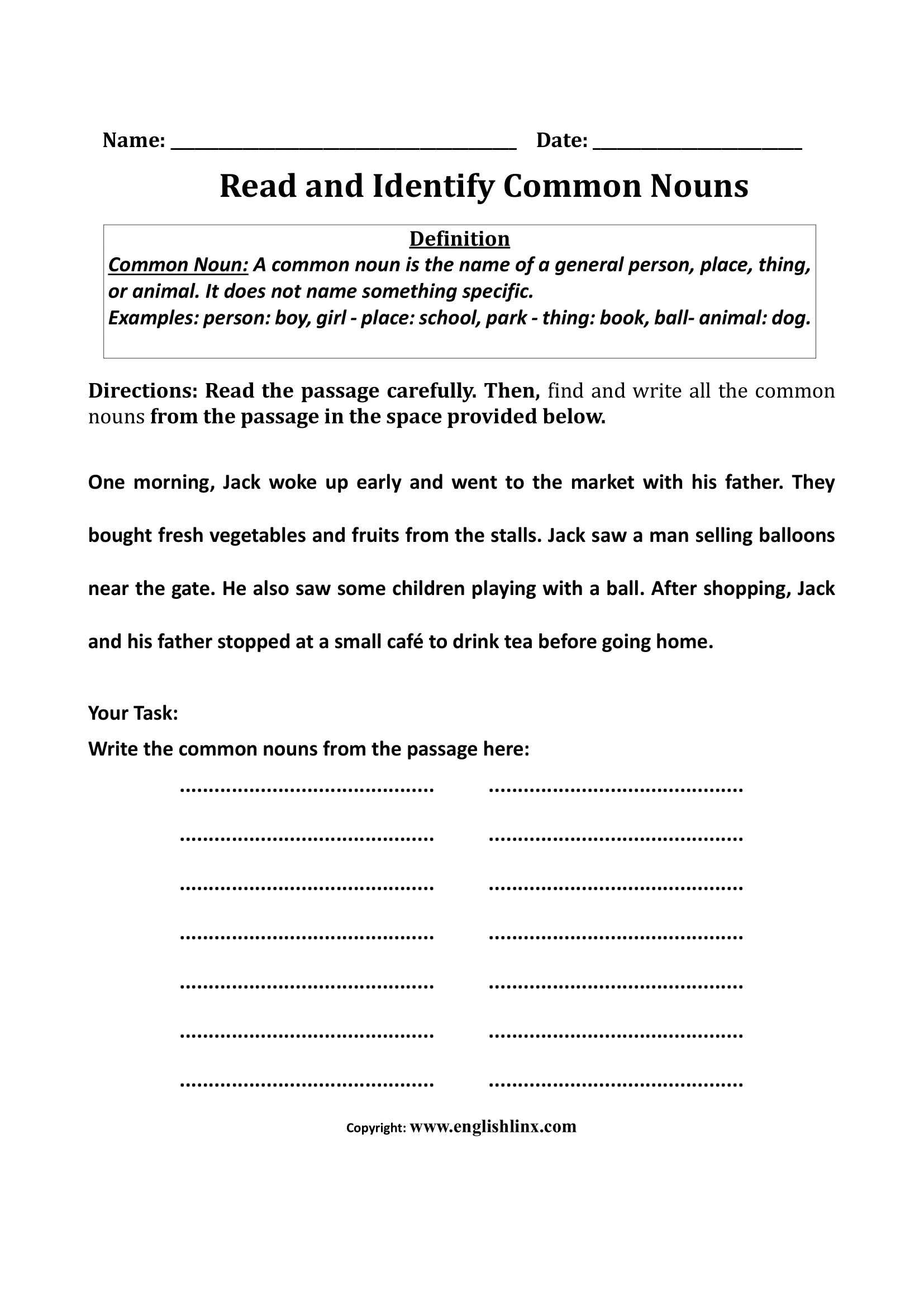 Common Noun Worksheets | Read and Identify Common Nouns Worksheet