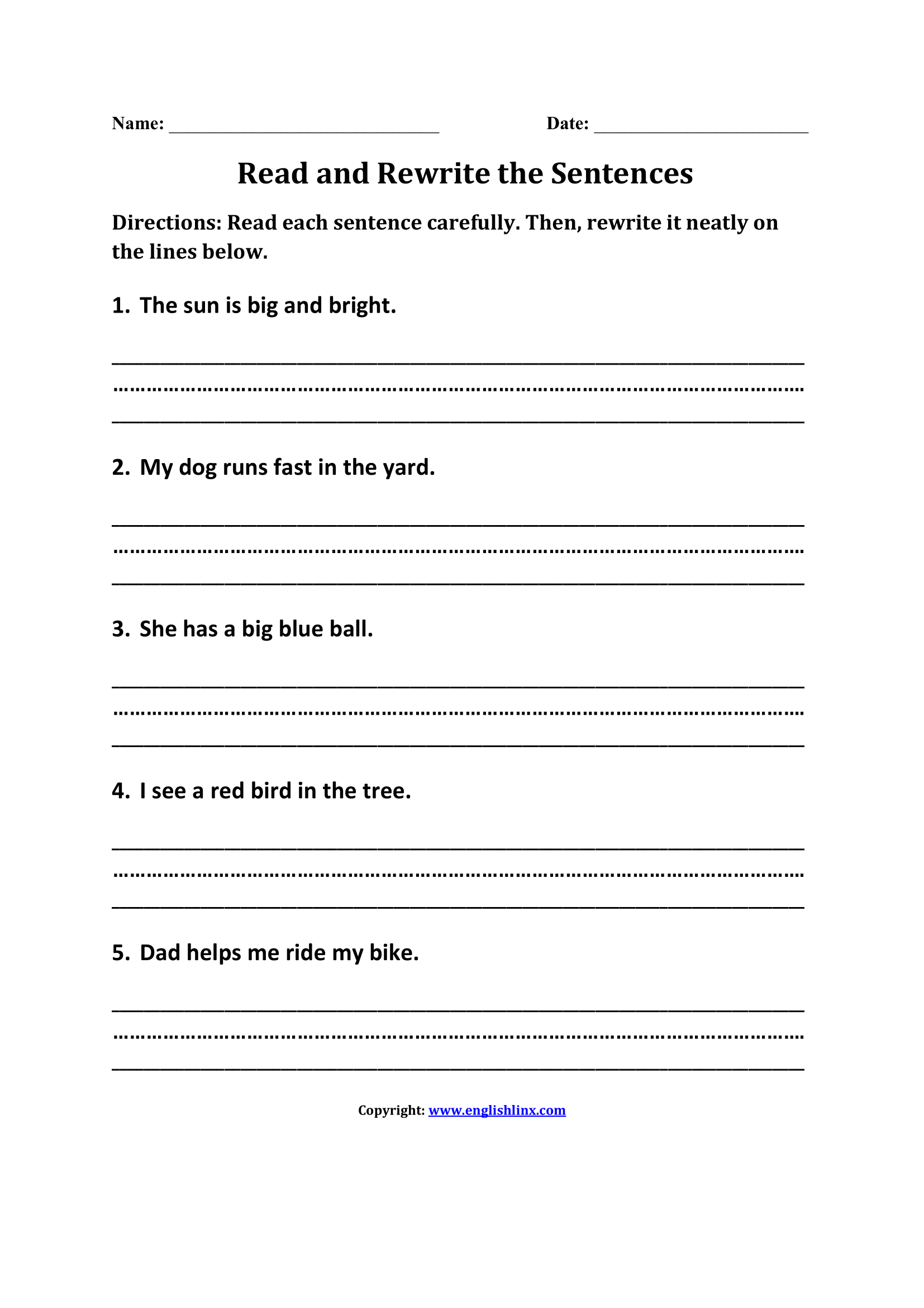 Read and Rewrite Sentences Worksheet | Sentence Practice
