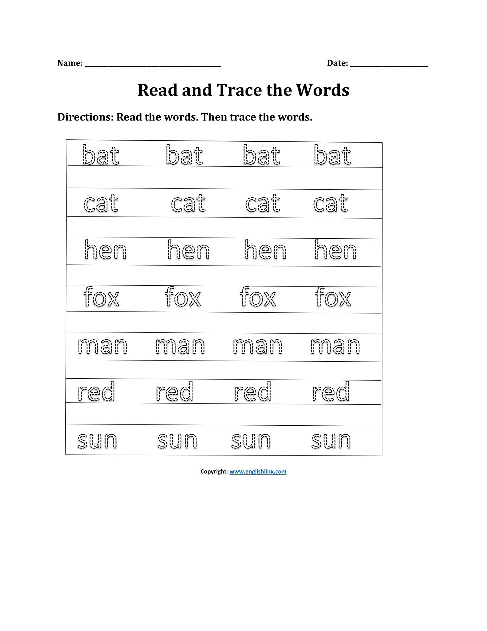 Read and Trace the Words | Nursery Reading Worksheet