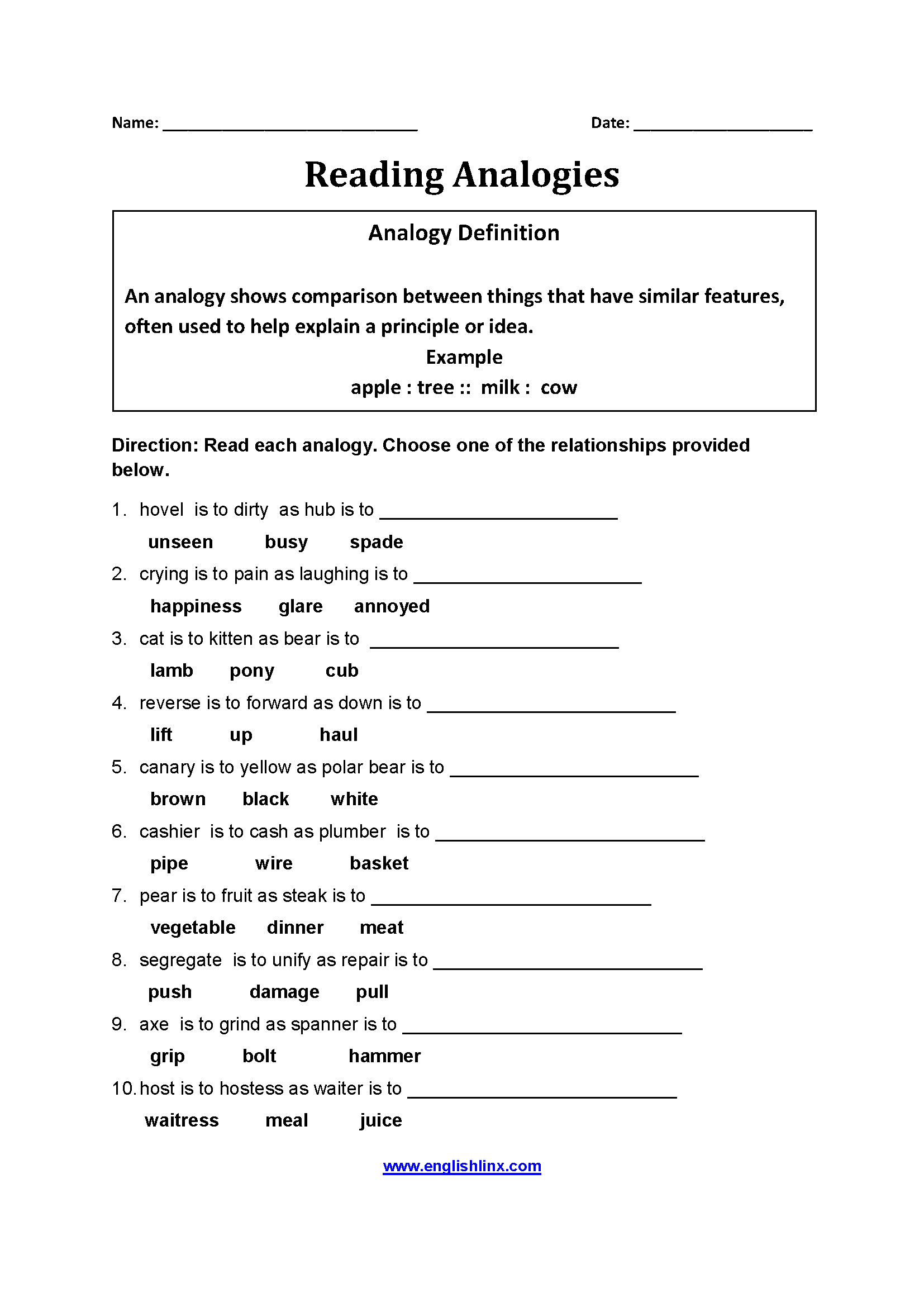 Englishlinx Analogy Worksheets Englishlinx Analogy Worksheets