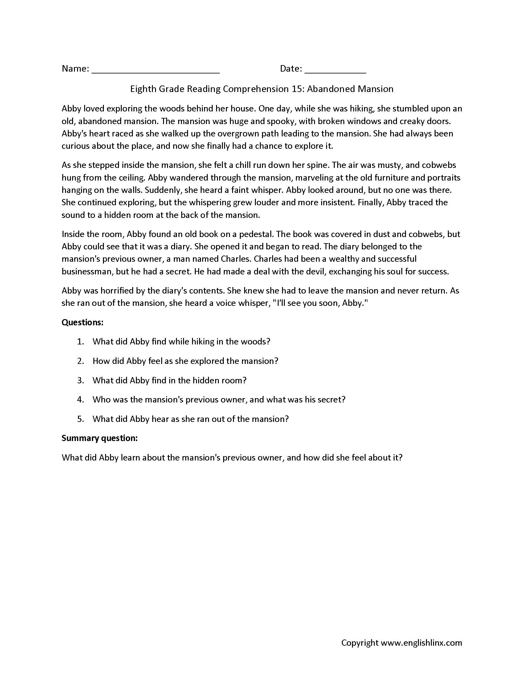 Reading Comprehension Worksheets Eighth Grade Reading Comprehension
