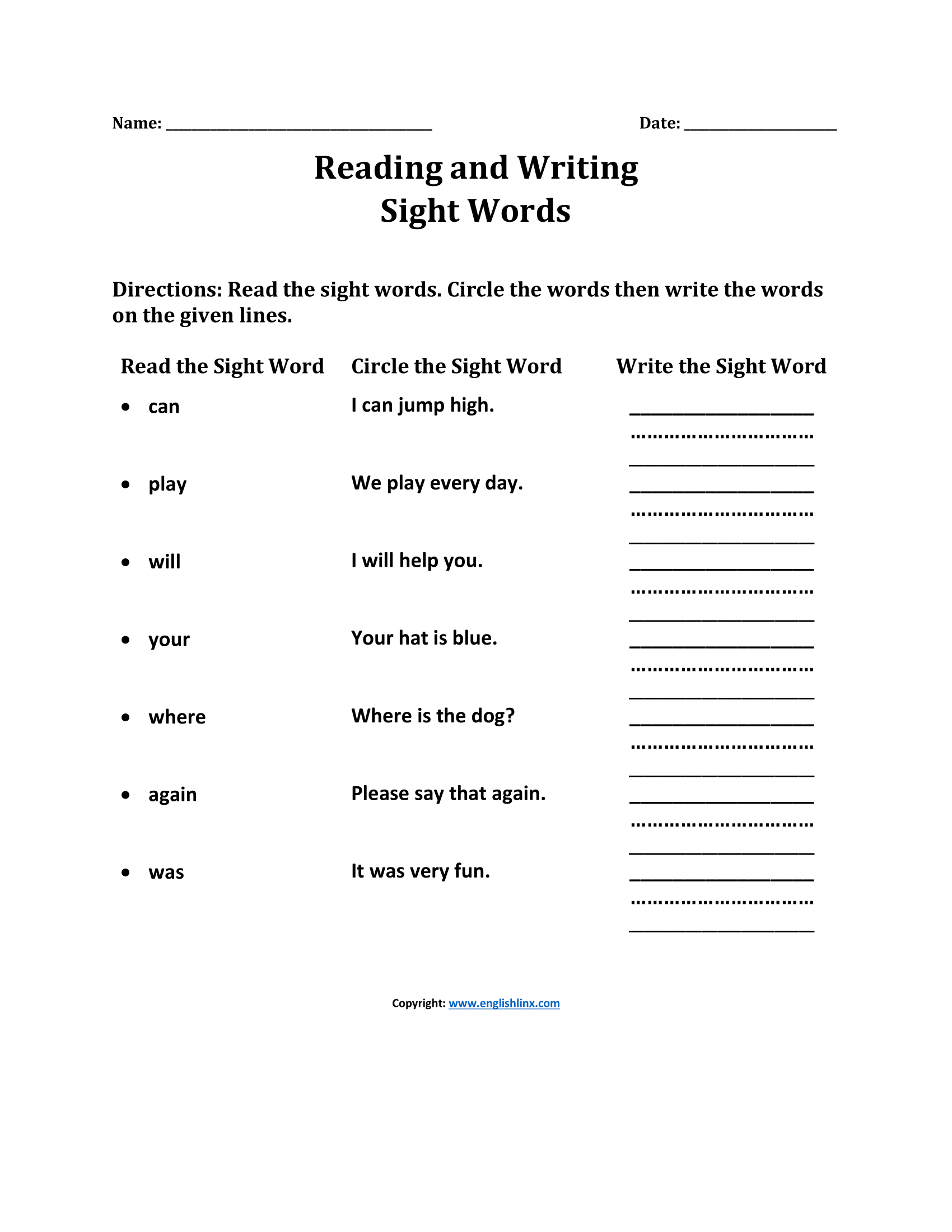 Sight Words Worksheets | Reading and Writing Sight Words Worksheets