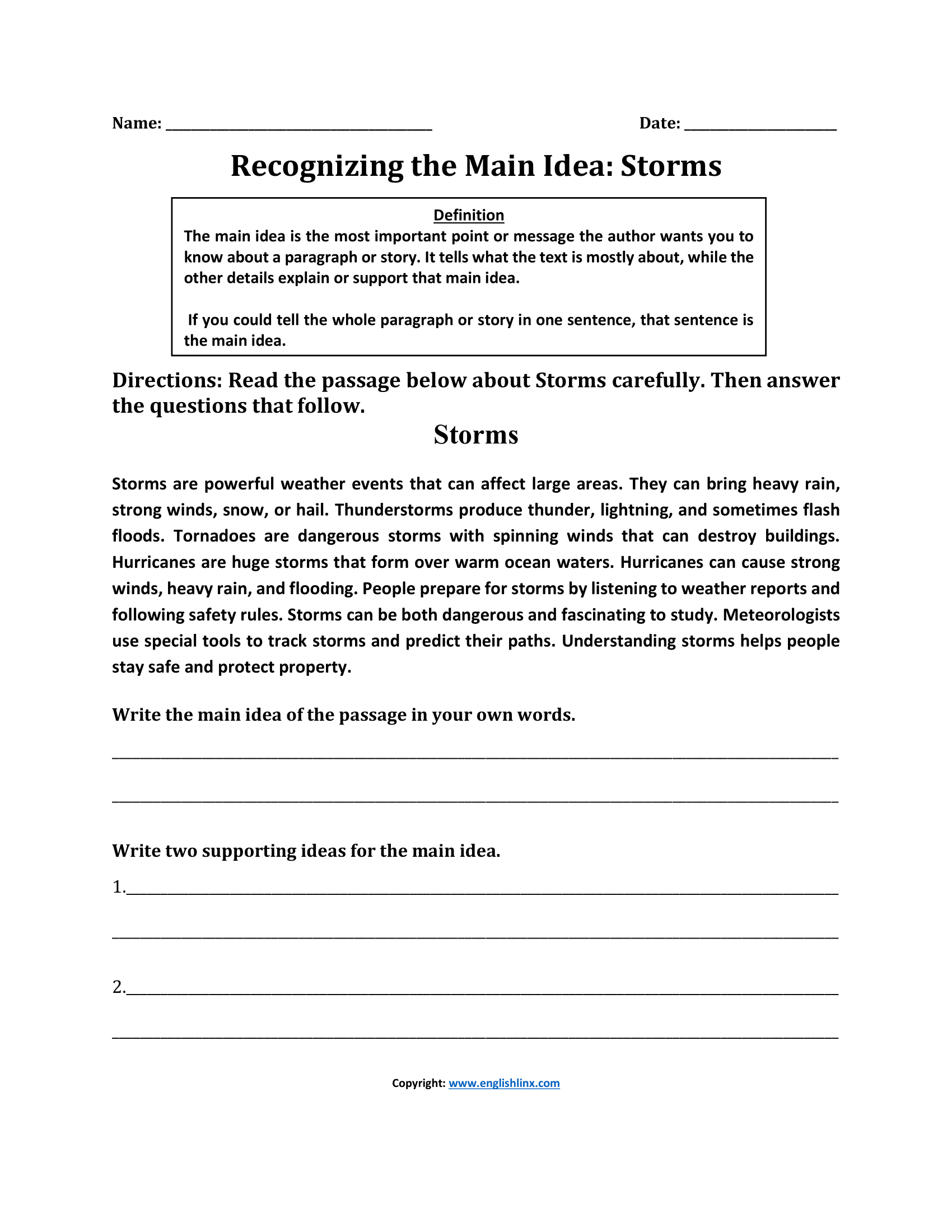 Recognizing the Main Idea Worksheet
