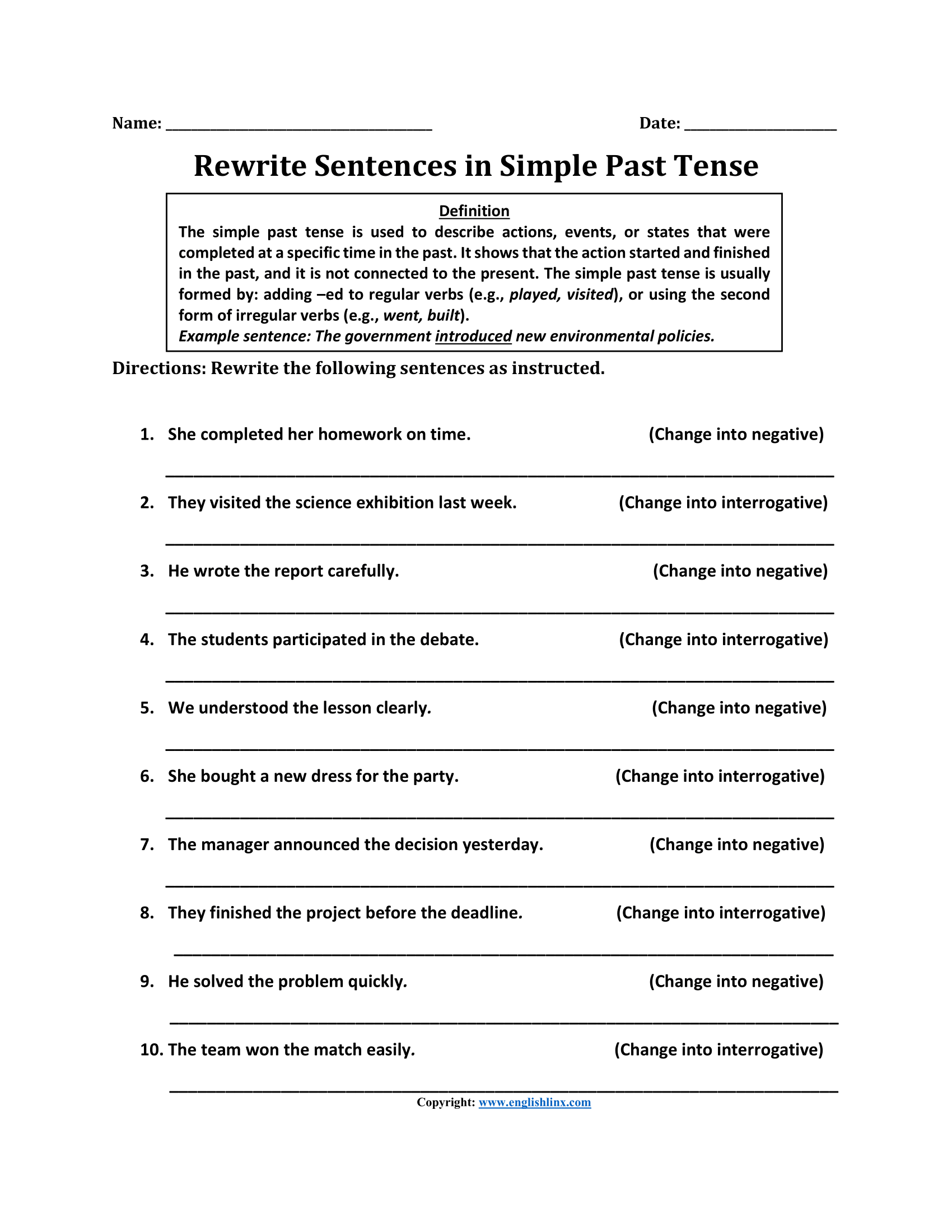 Past Tense Worksheets | Rewrite Sentences in Simple Past Tense