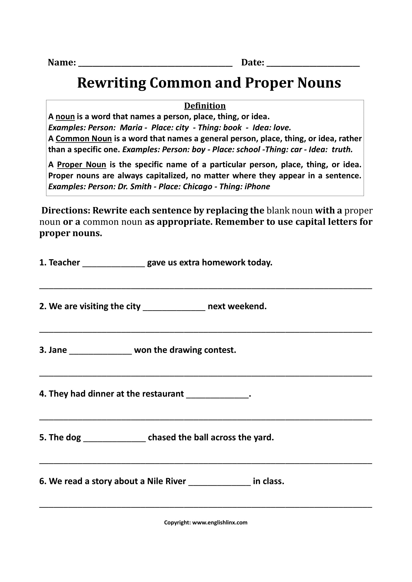 Nouns Worksheets | Proper and Common Nouns Worksheets