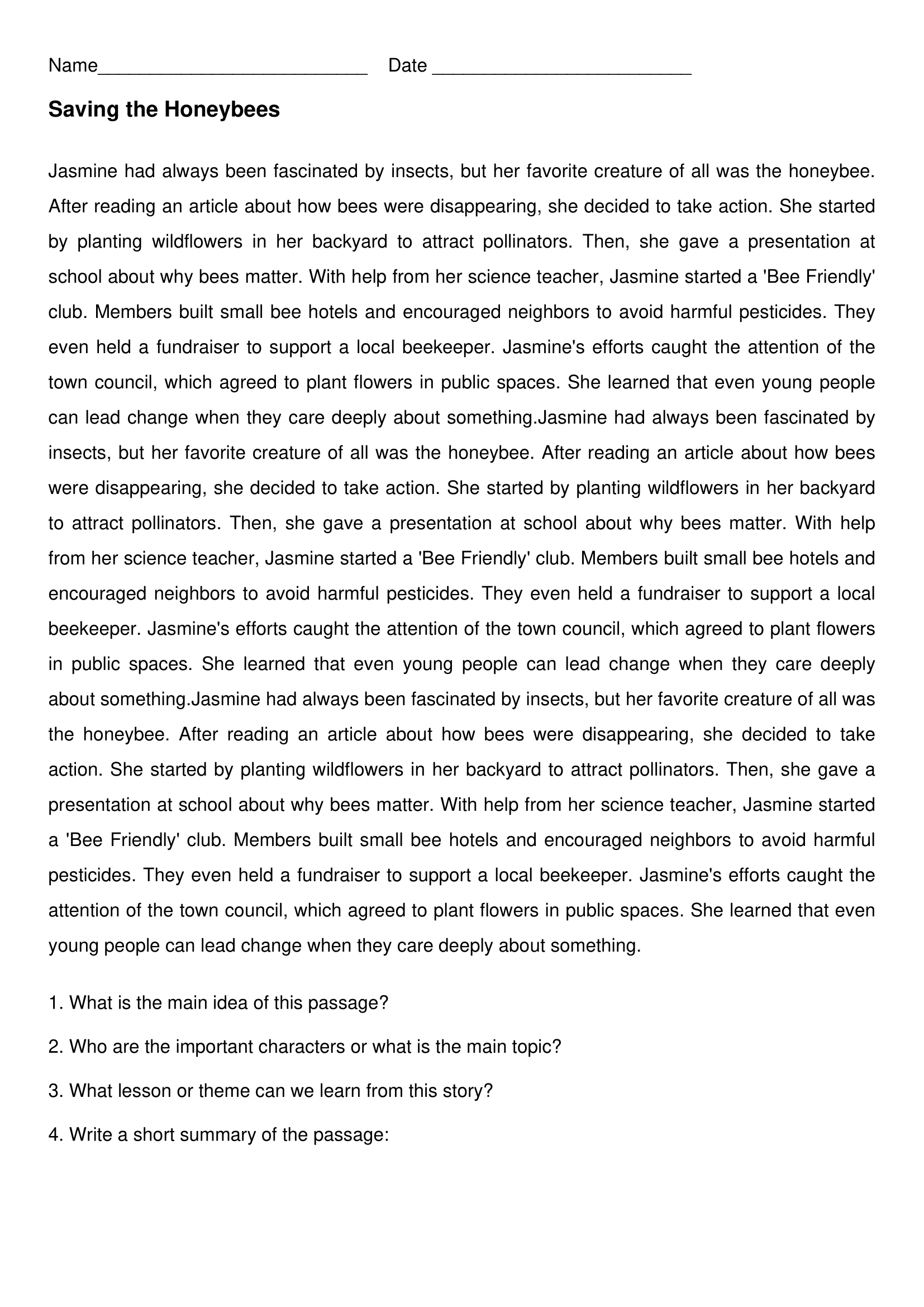 Saving Honeybees 5th Grade Reading Comprehension Worksheets