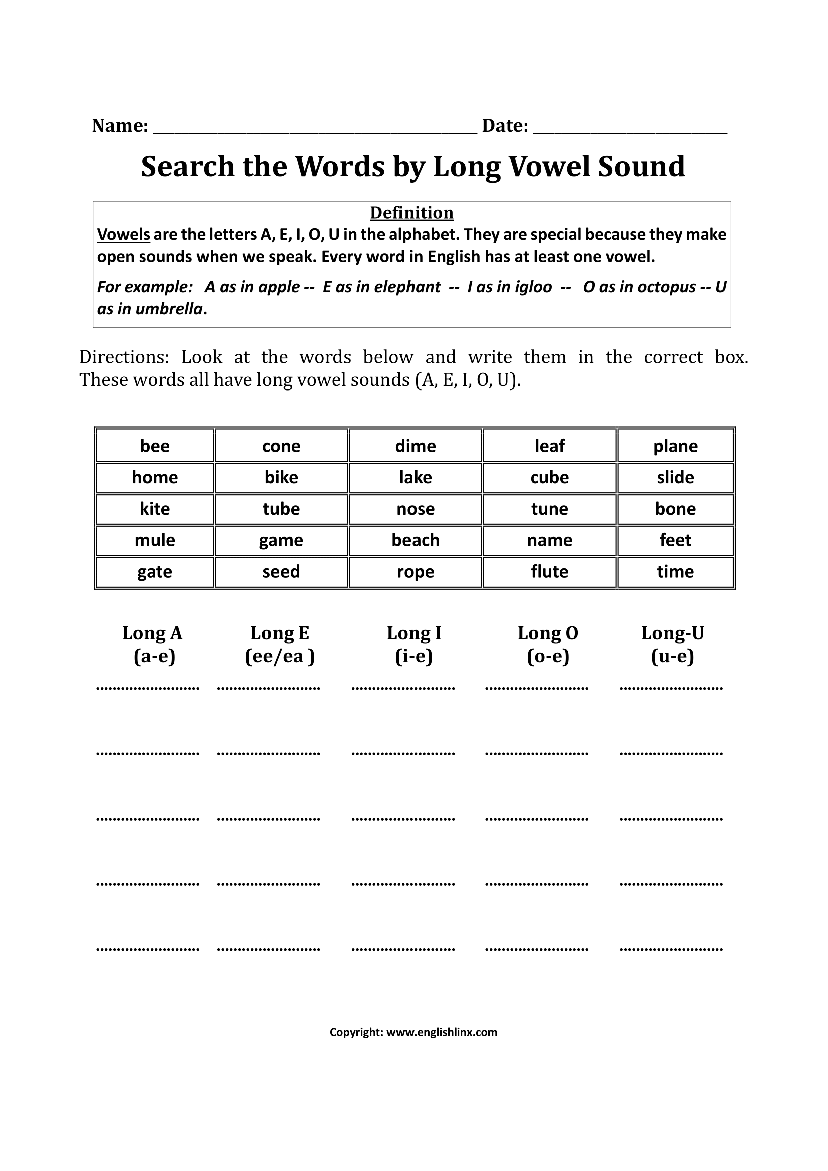 Vowels Worksheets | Search the Words by Long Vowel Sound Worksheet