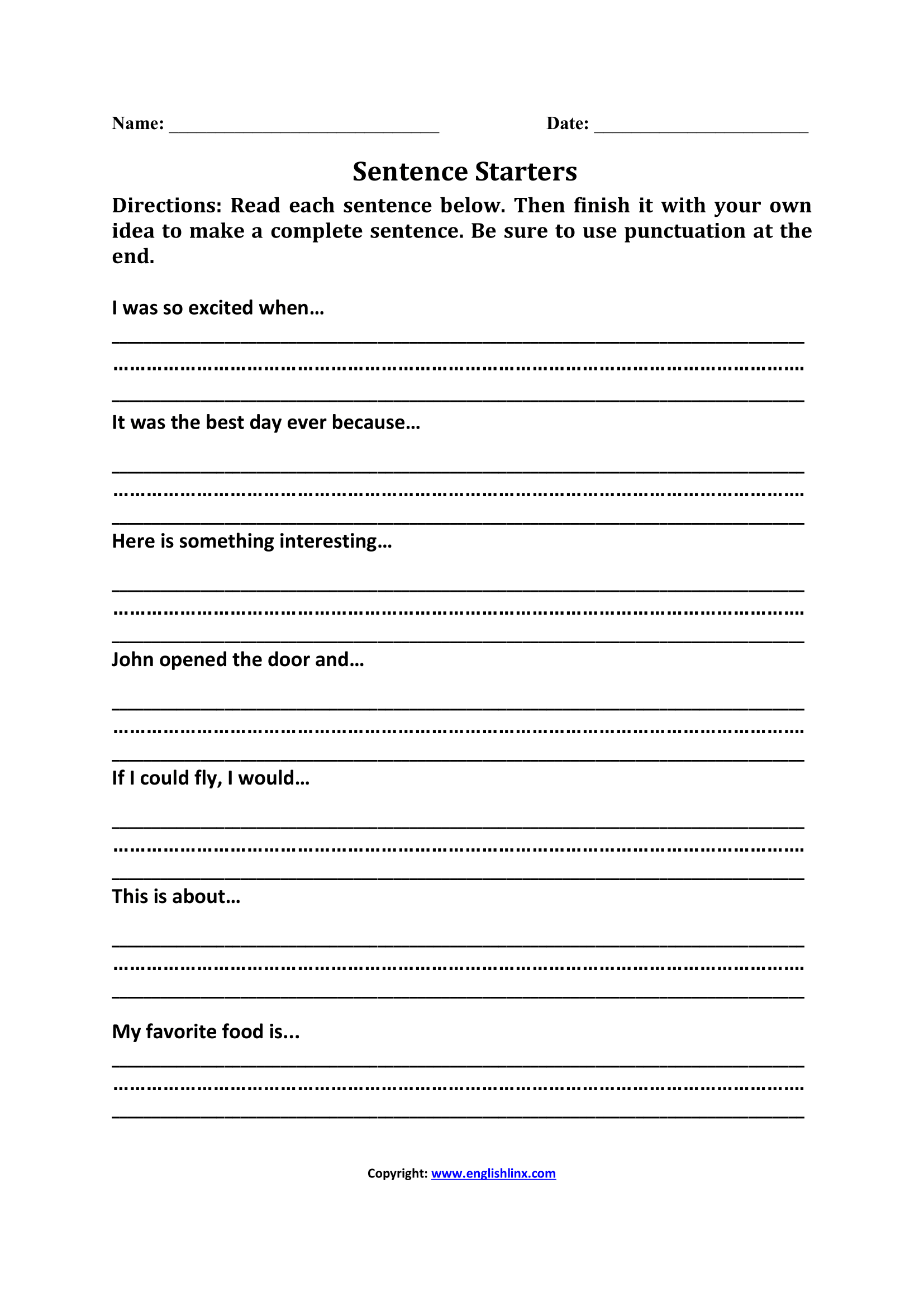 3rd Grade Writing Worksheets | Sentence Starters