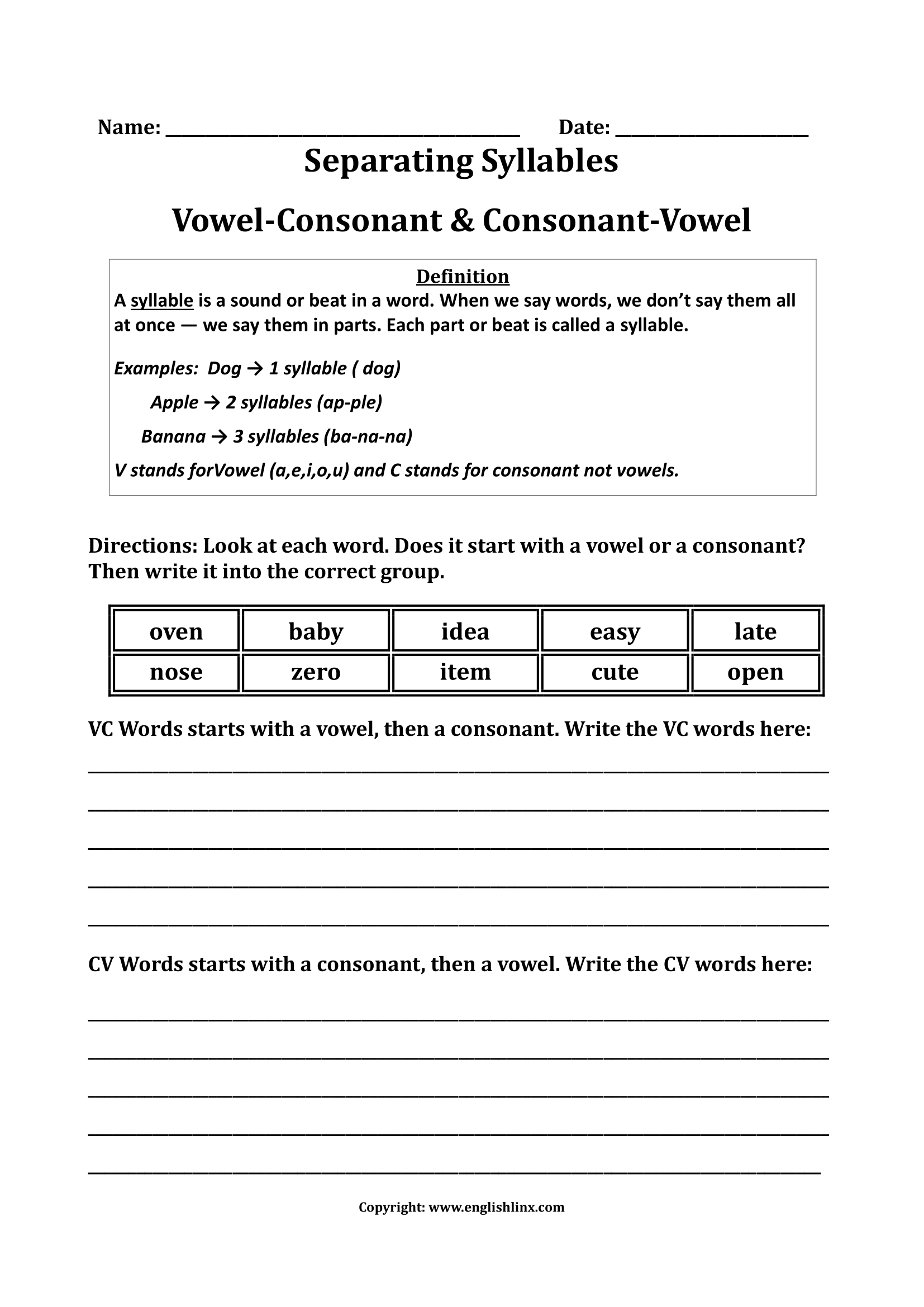 Englishlinx.com | Syllables Worksheets