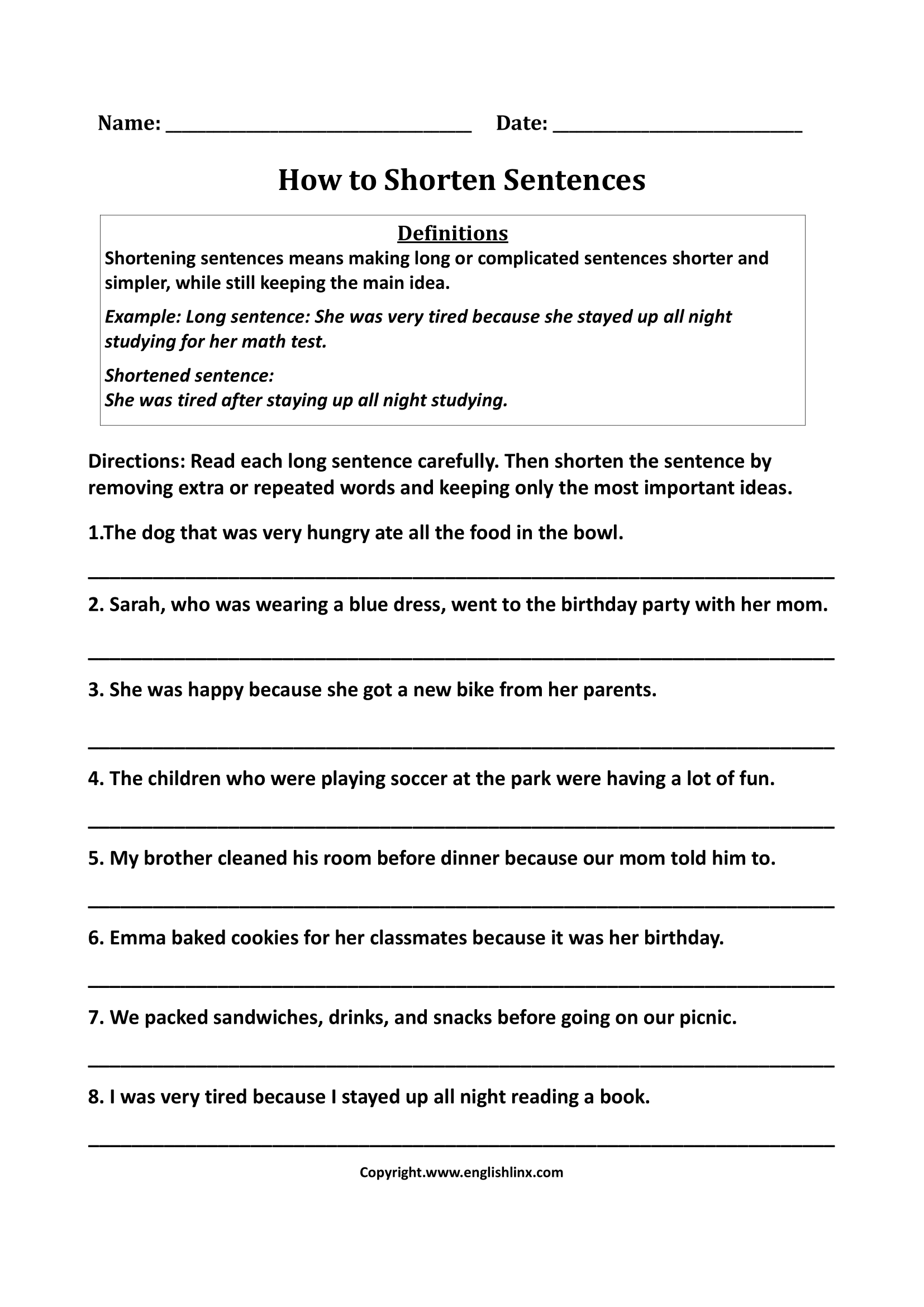 5th Grade Writing Worksheets | Shortening Sentences Worksheet