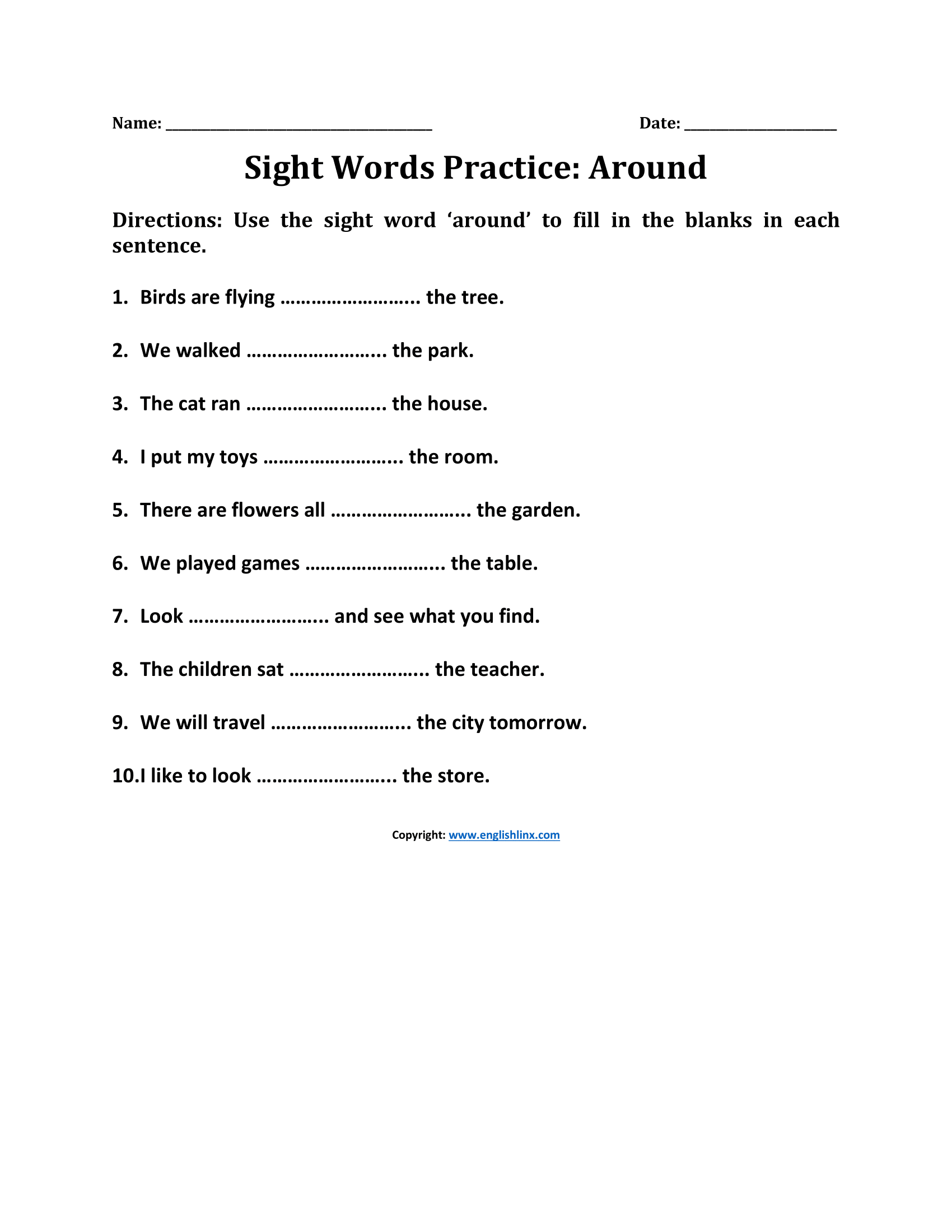 Sight Words Worksheets | Sight Words Practice Around Worksheets