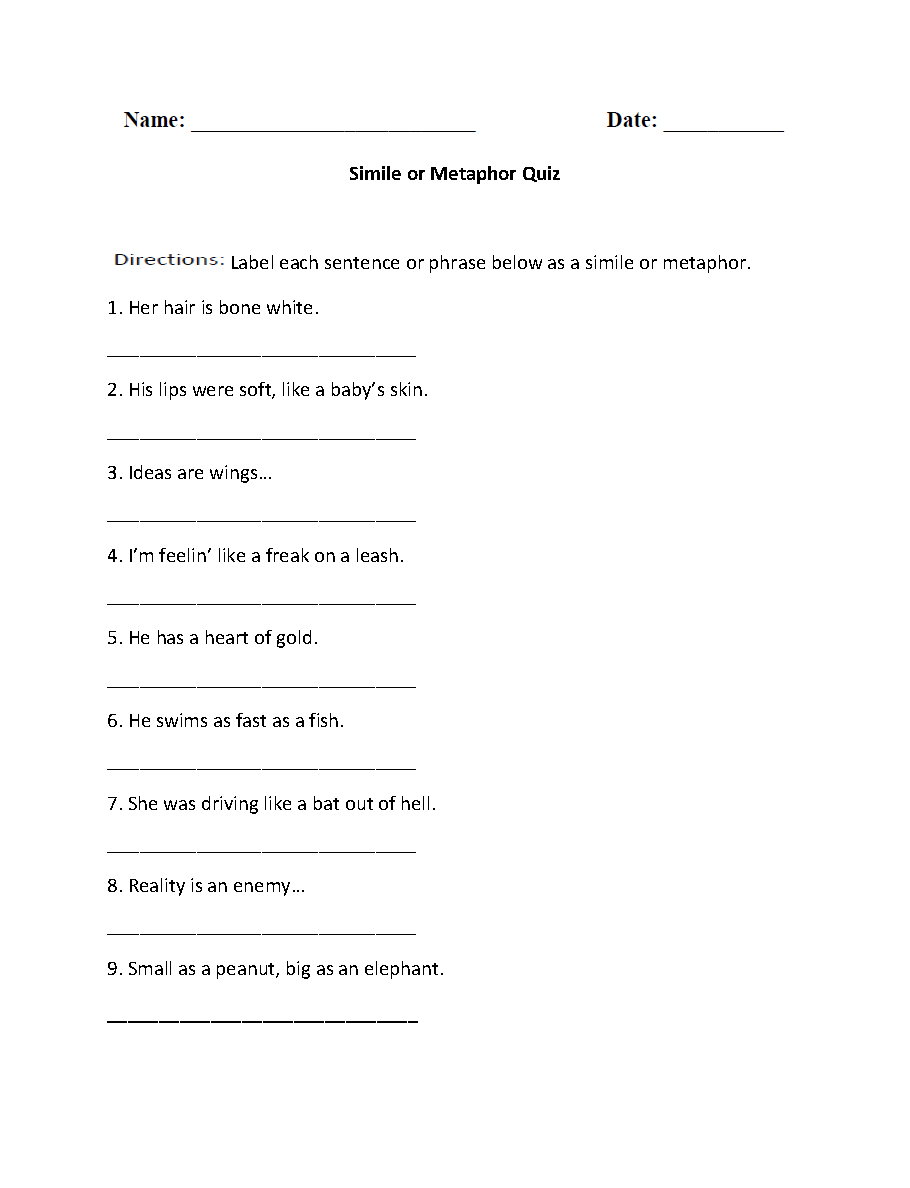 Similes Worksheets Simile Or Metaphor Quiz Worksheet