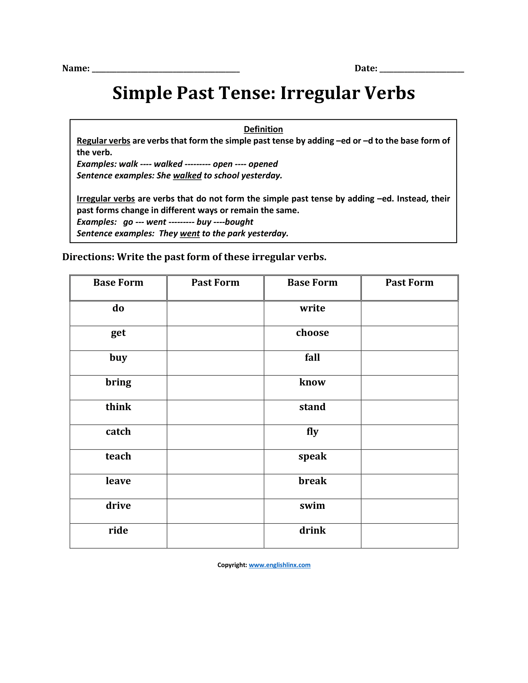 Simple Past Tense Worksheets (Free Printable PDFs) | Grades K–12